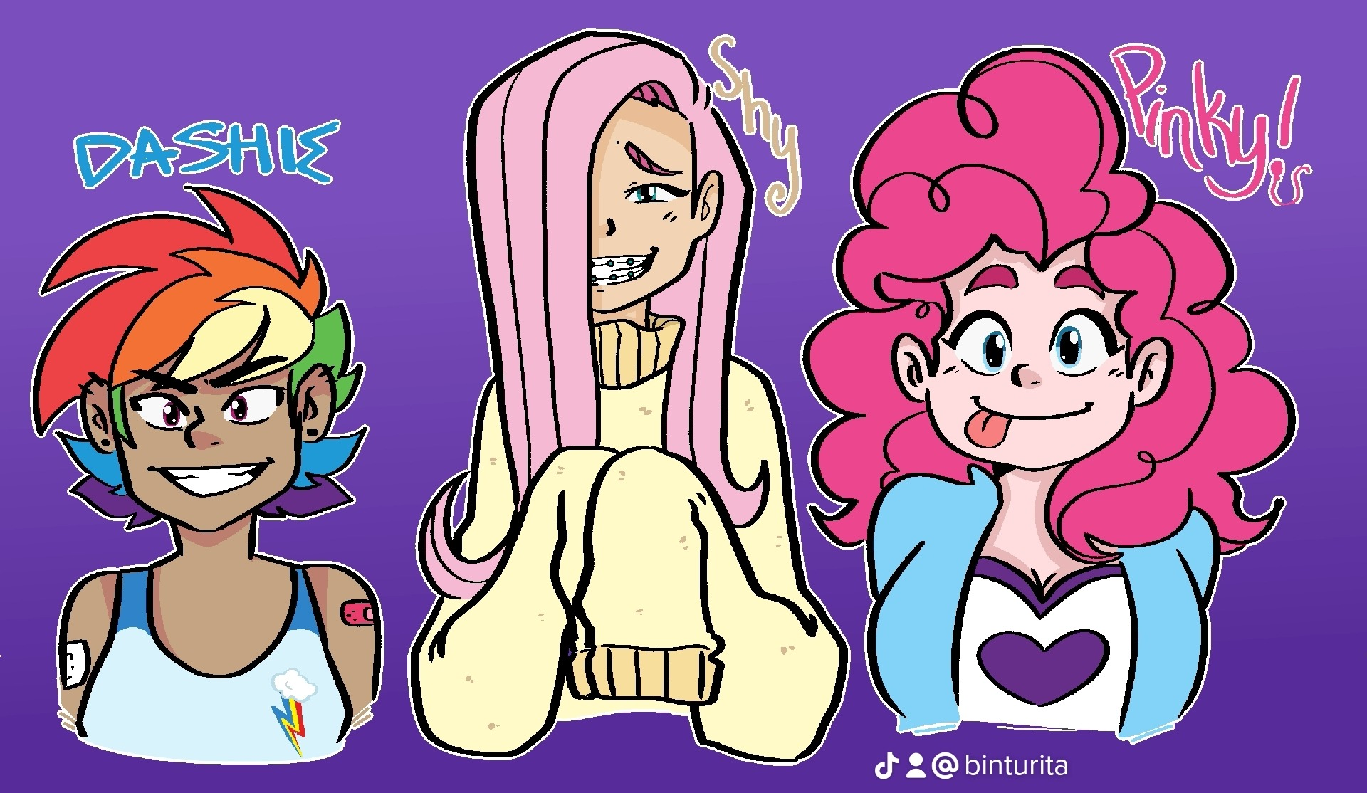 #3047351 - safe, artist:binturita, fluttershy, pinkie pie, rainbow dash, human, g4, bust, dark ...