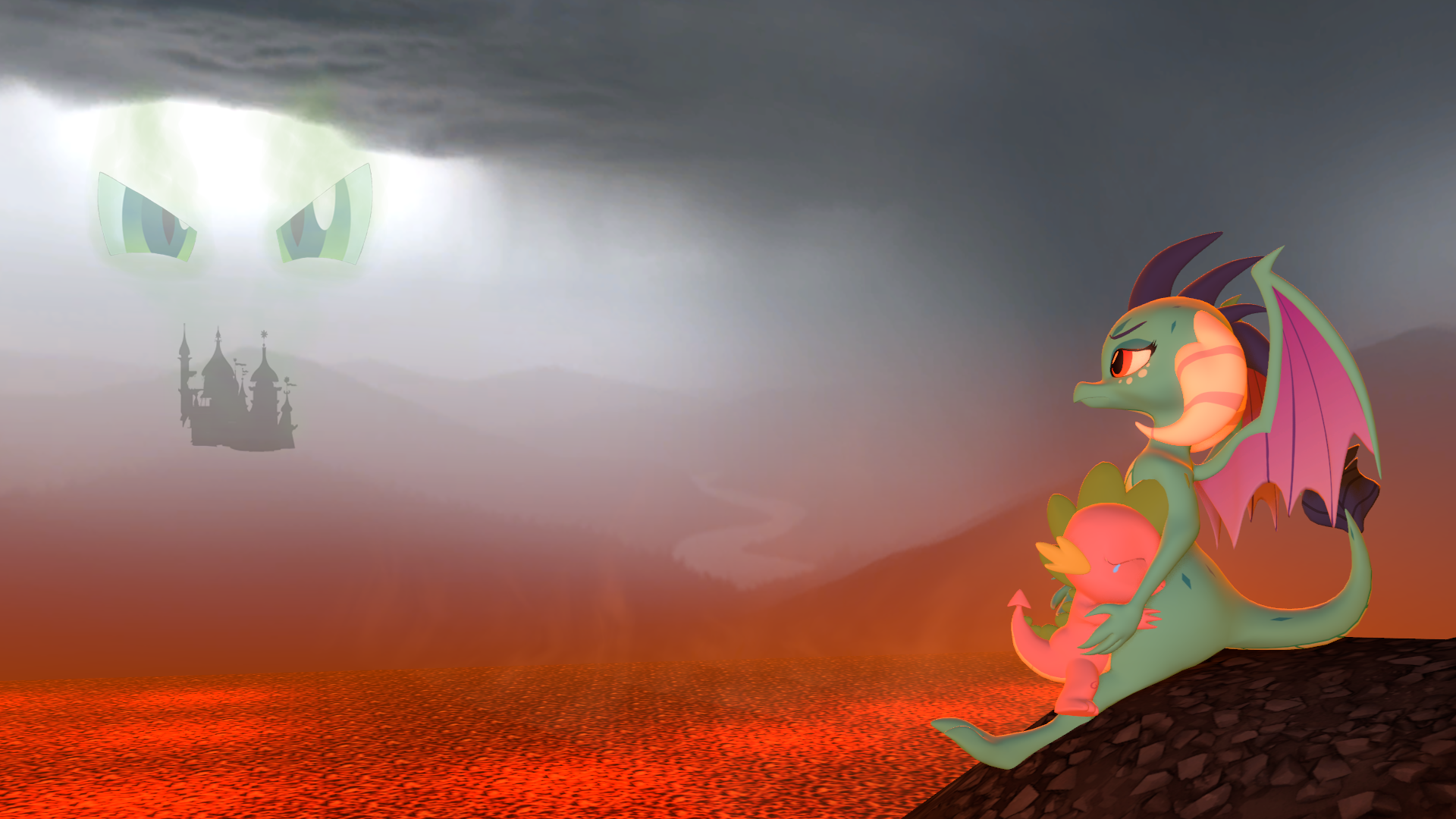 #3050553 - safe, artist:php170, princess ember, queen chrysalis, spike ...