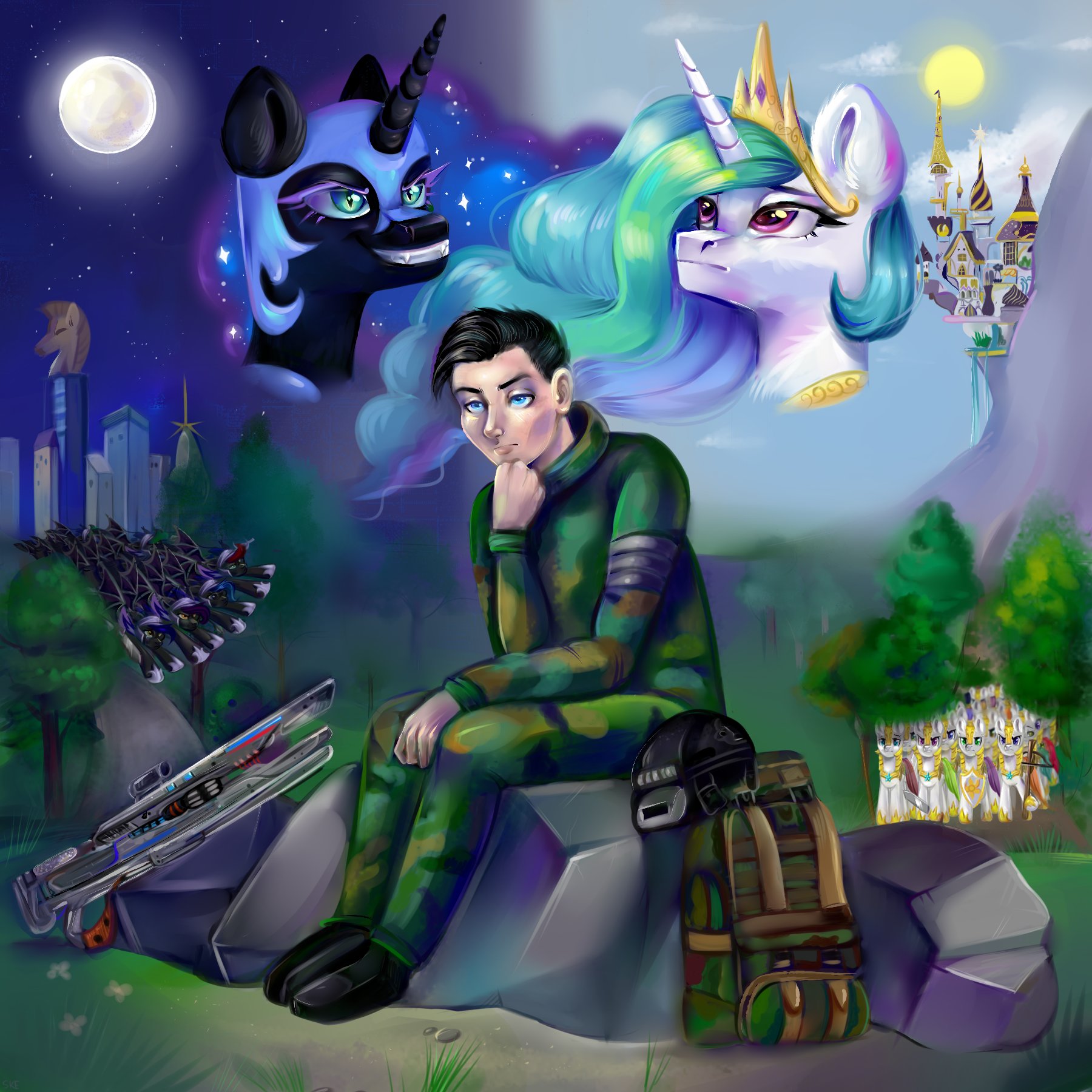 #3074931 - safe, artist:ske, nightmare moon, princess celestia, alicorn ...