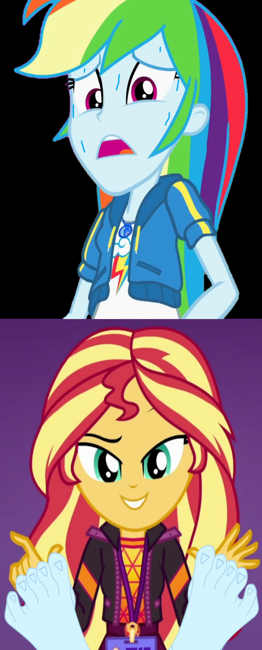 #3112332 - safe, artist:ewie2002, rainbow dash, sunset shimmer, human ...