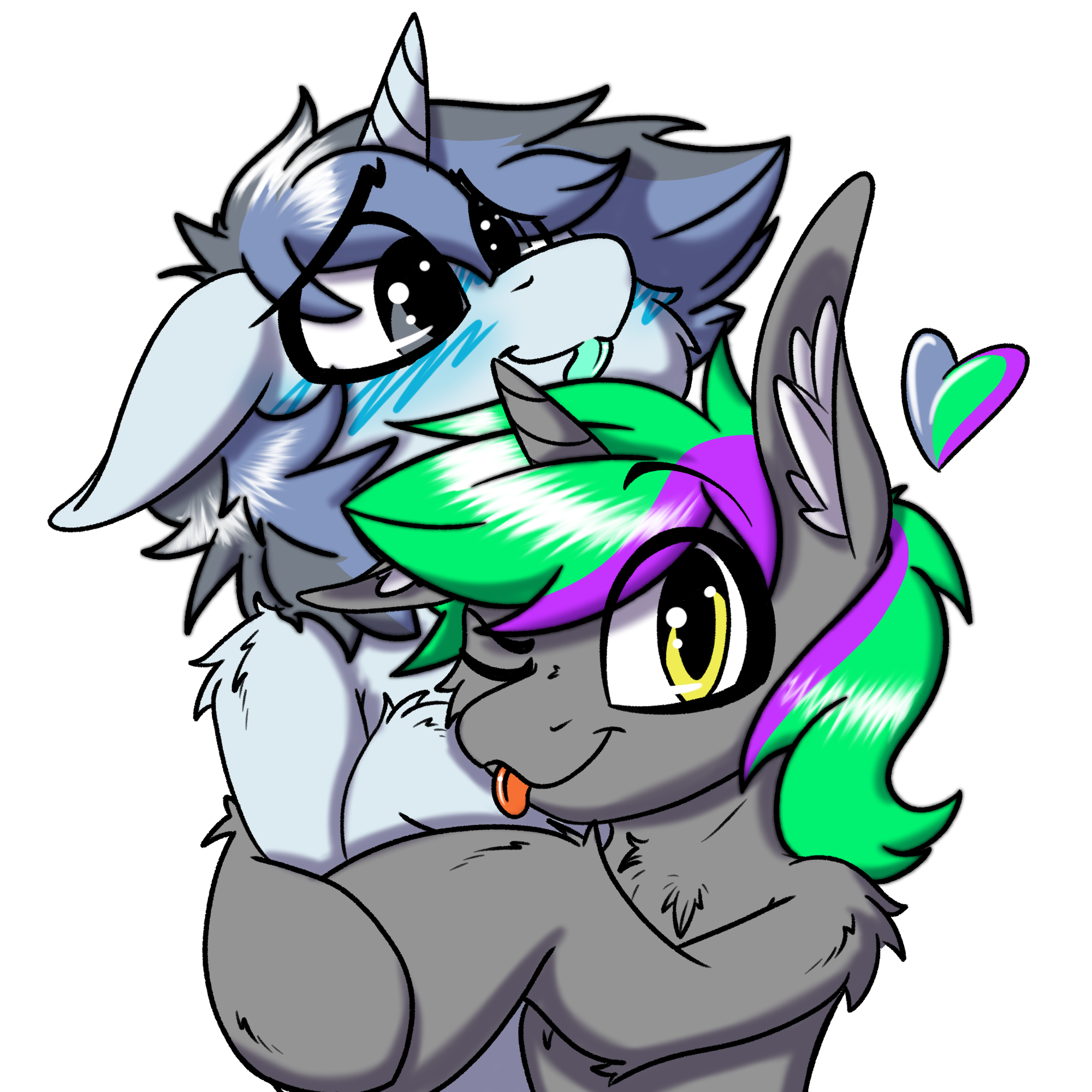 #3088102 - safe, artist:aryn, oc, oc:fef, oc:goblin, pony, unicorn, :p, blushing, heart, high ...