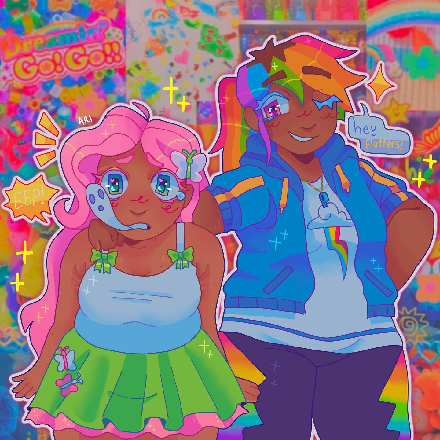 #3123302 - safe, artist:ariariari.png, fluttershy, rainbow dash, human ...