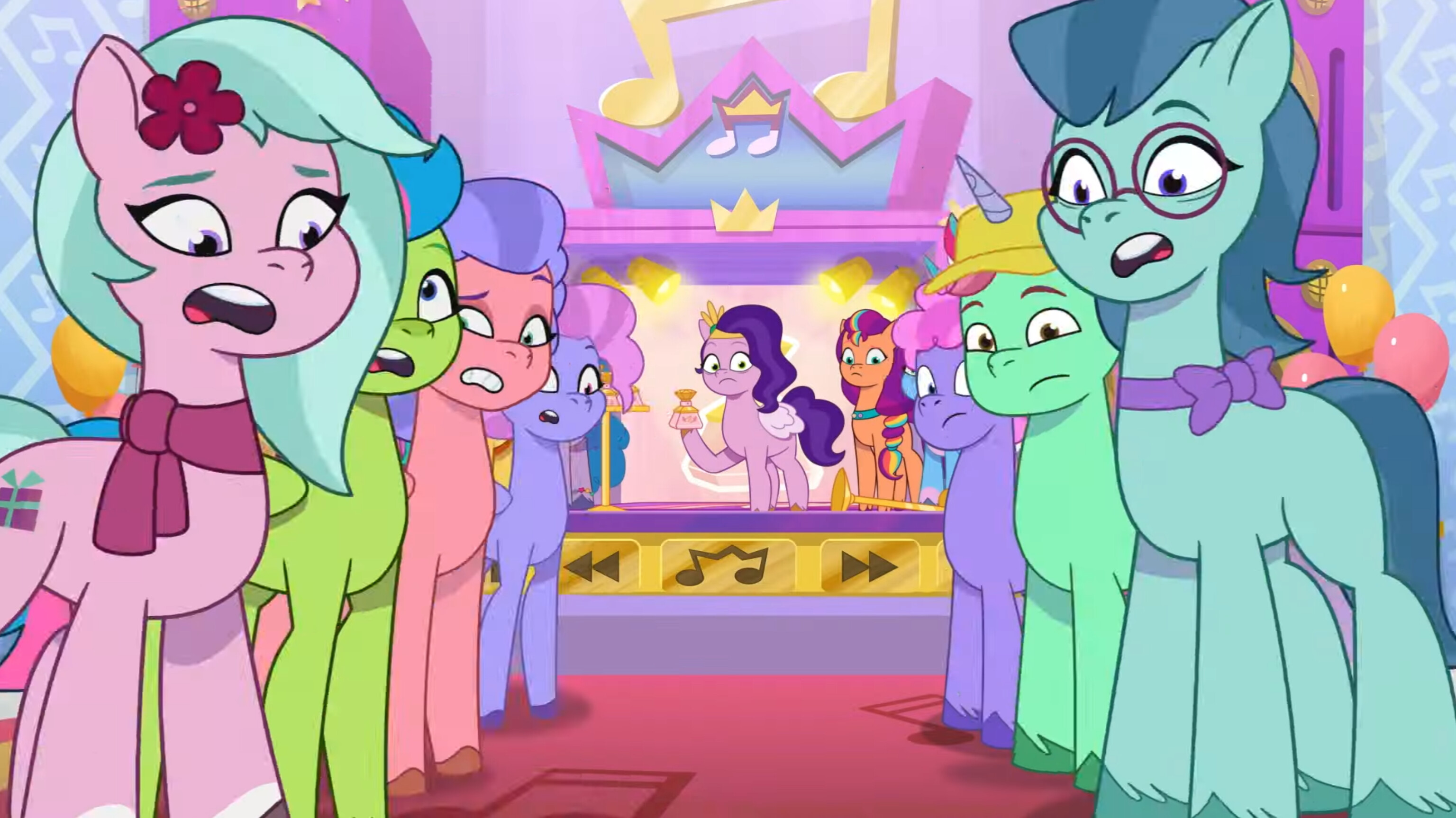 #3196294 - safe, screencap, cherry flyaway, dahlia, delightful trifle, emerald saucer, hitch ...