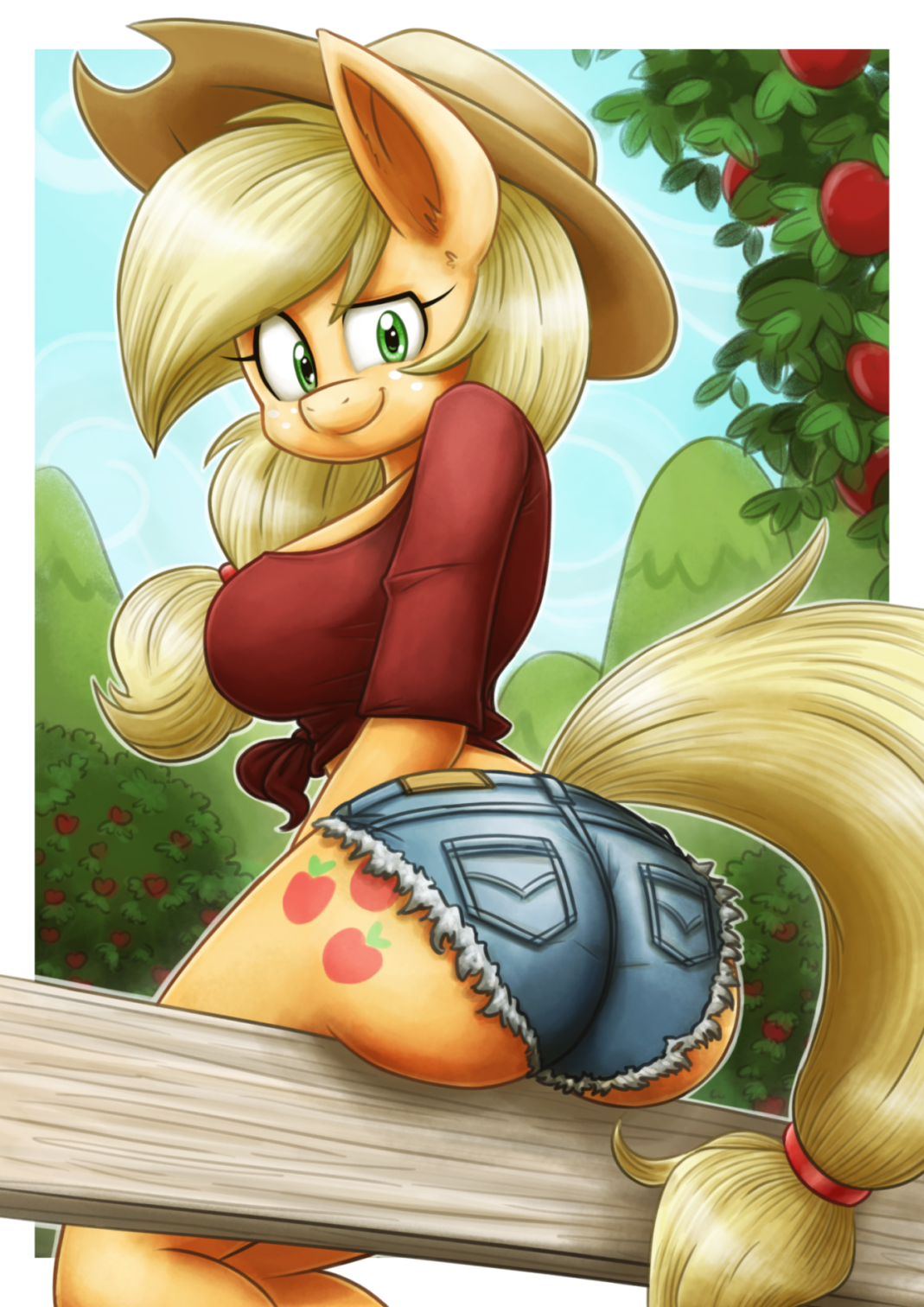 #3197226 - suggestive, artist:demonfox, artist:king-kakapo, applejack, earth pony, anthro, g4 ...