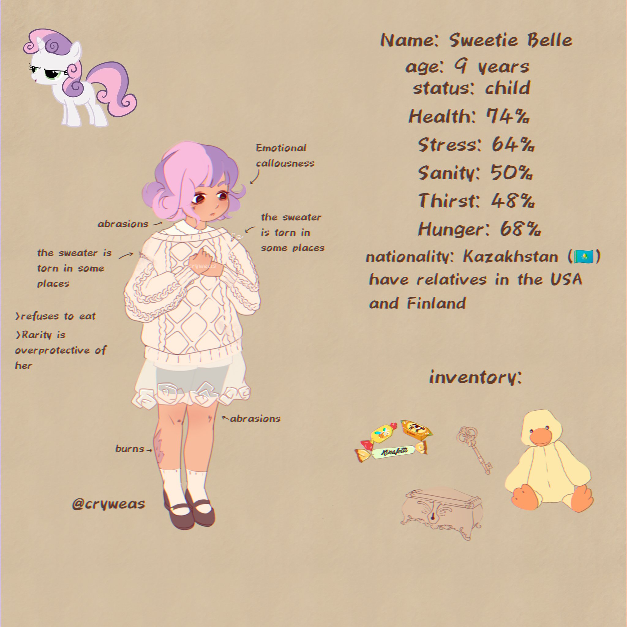 #3280197 - safe, artist:cryweas, sweetie belle, bird, duck, human, pony ...