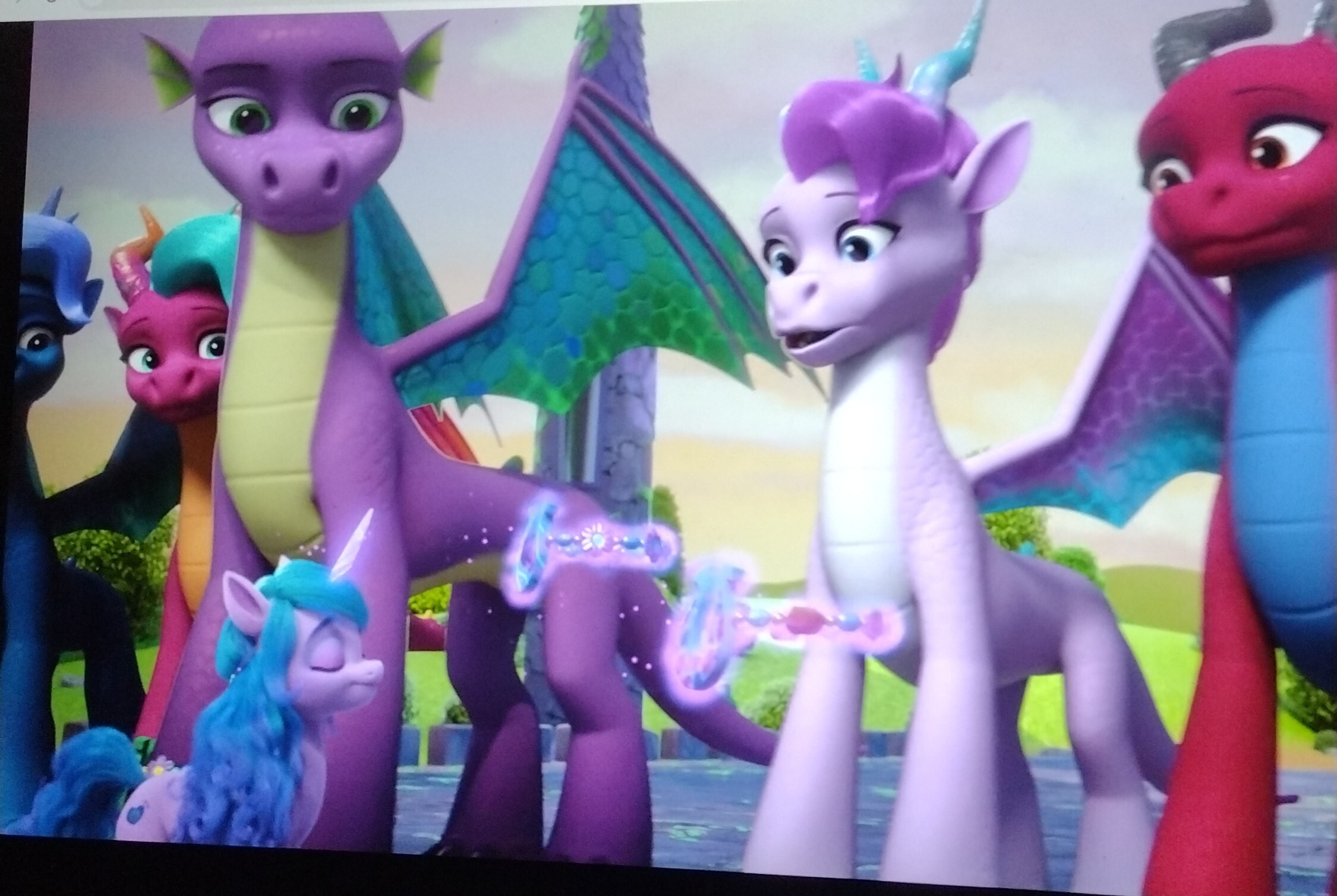 #3288454 - safe, screencap, blaize skysong, fountain (g5), izzy moonbow, jade (g5), lava (g5 ...