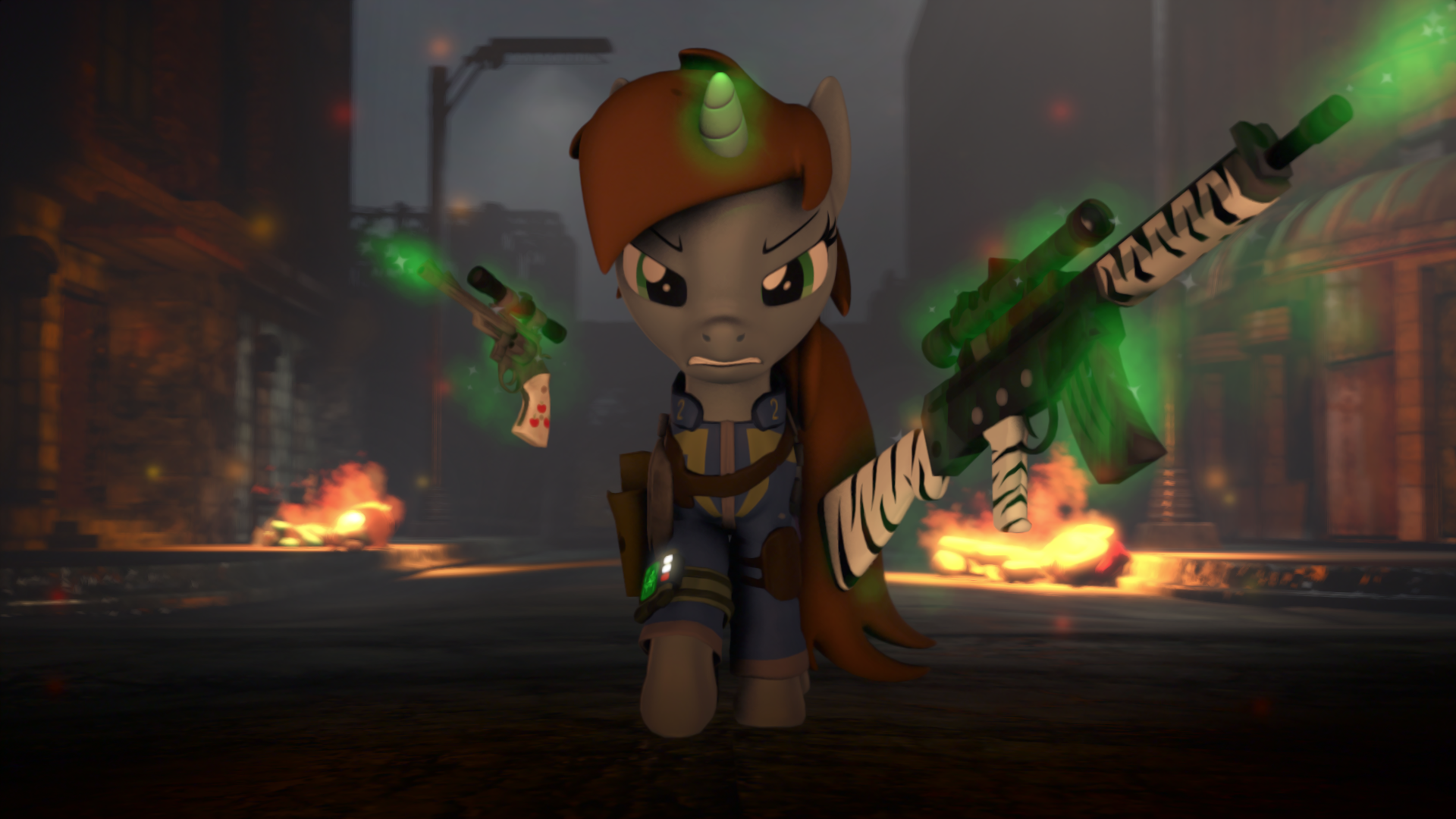 #3463697 - semi-grimdark, oc, oc:littlepip, fallout equestria, 3d, fire ...