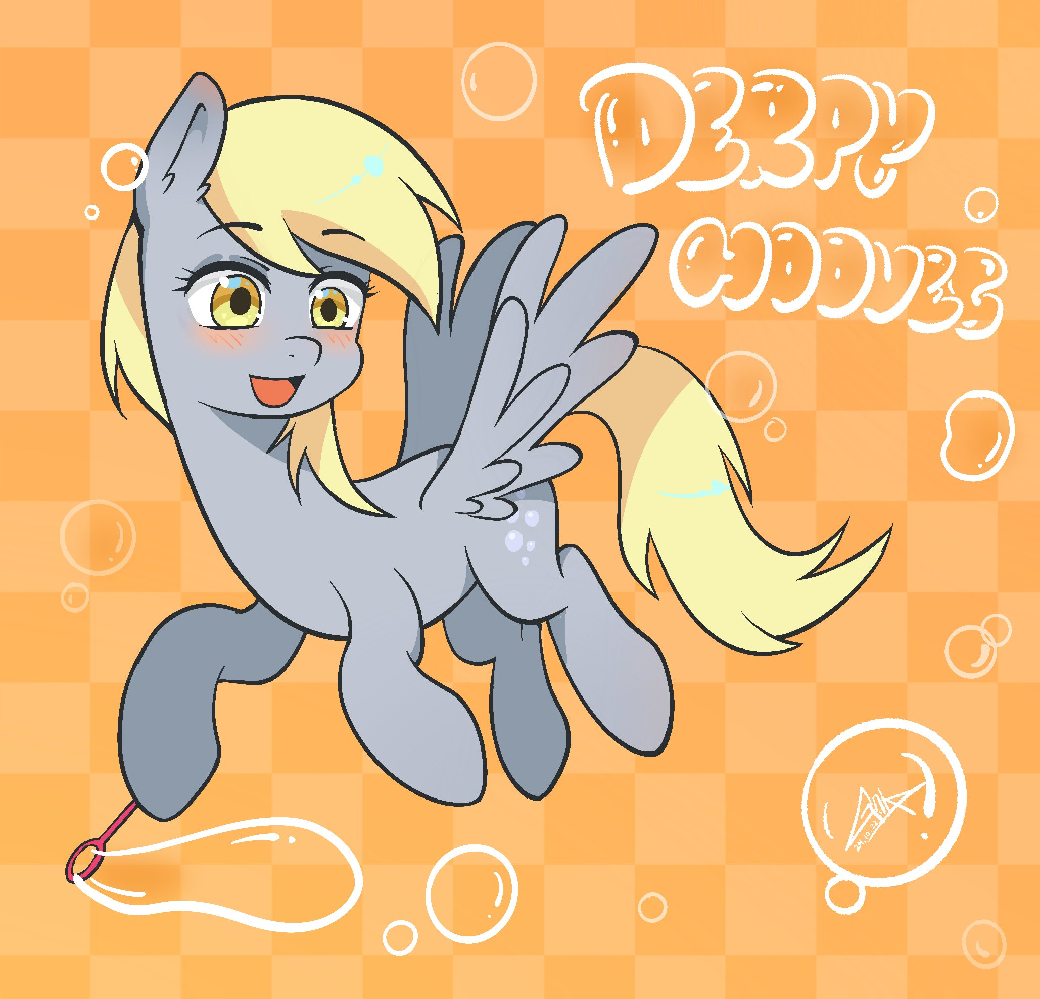 #3470114 - safe, artist:goldenage2049, derpy hooves, pegasus, pony, g4, blushing, bubble, bubble ...