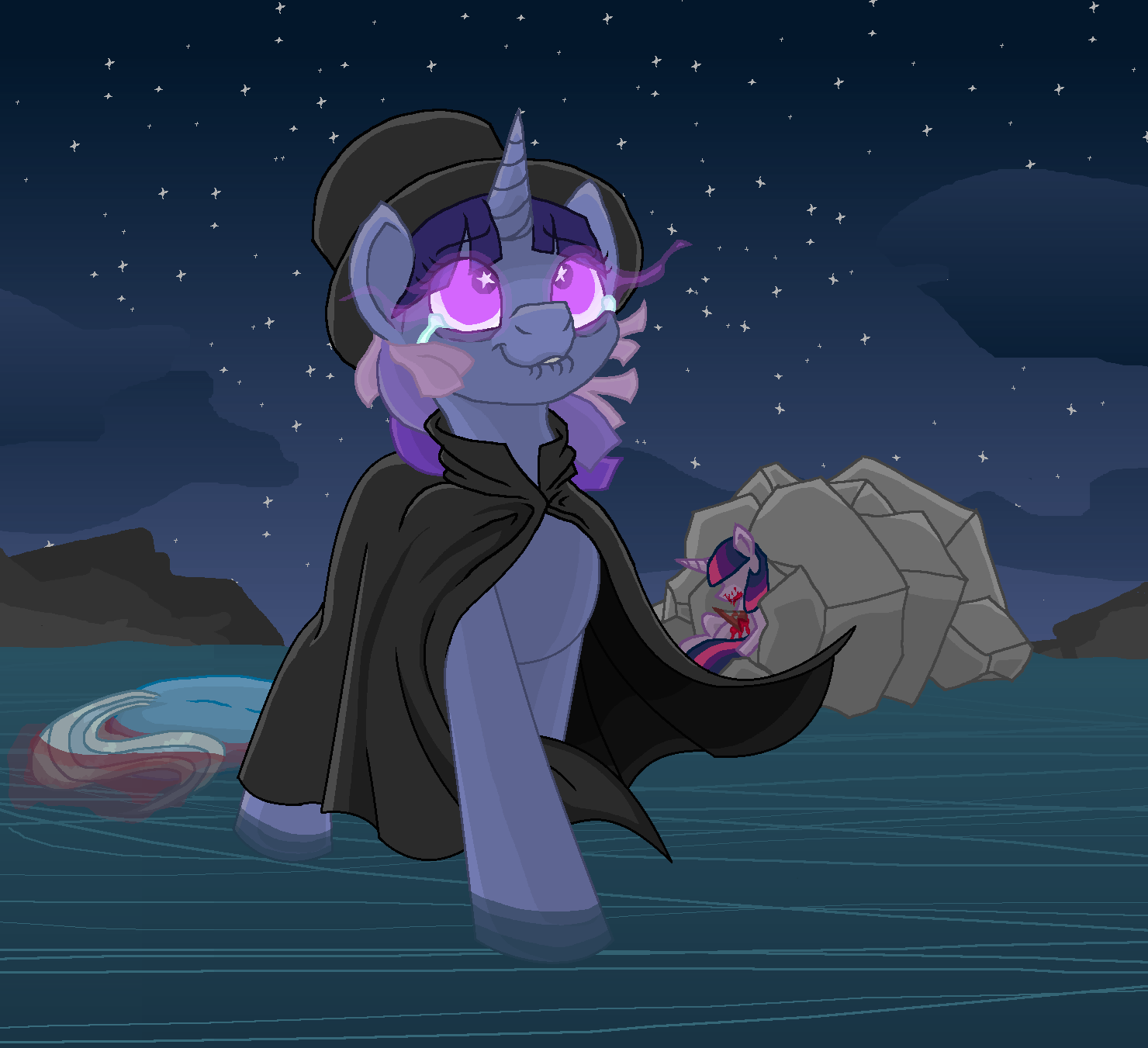 #3474939 - semi-grimdark, artist:adlaz, derpibooru exclusive, trixie, twilight sparkle, oc, oc ...