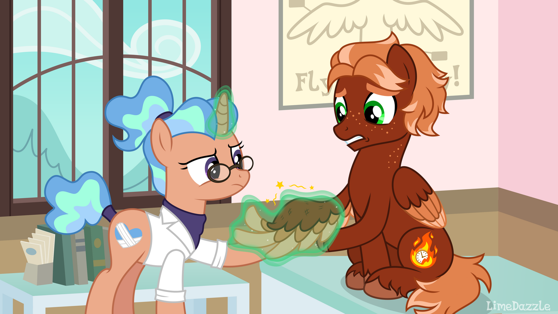 #3487641 - safe, artist:limedazzle, oc, oc only, oc:golden flare, pegasus, pony, unicorn, duo ...