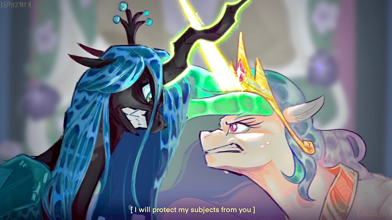 #3490908 - safe, artist:kinzig81, princess celestia, queen chrysalis ...