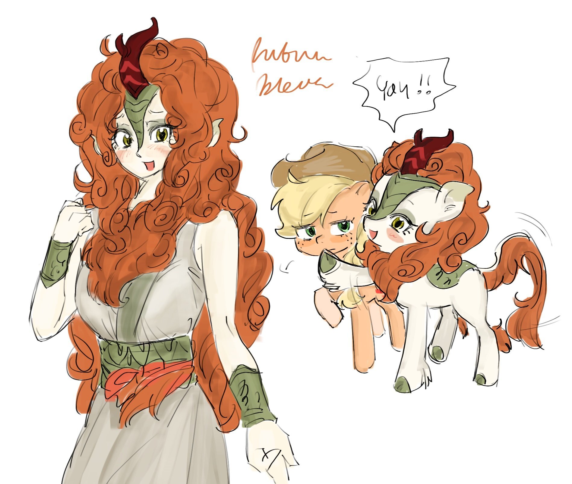 #3494216 - safe, artist:raritmiu, applejack, autumn blaze, earth pony, human, kirin, pony, g4 ...