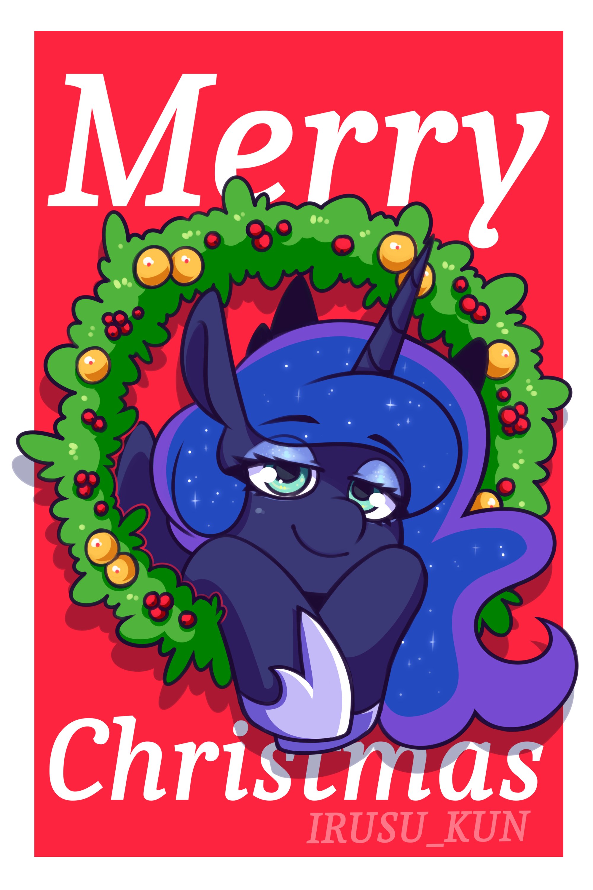 #3495810 - safe, artist:lrusu, princess luna, alicorn, pony, g4, christmas, christmas wreath ...
