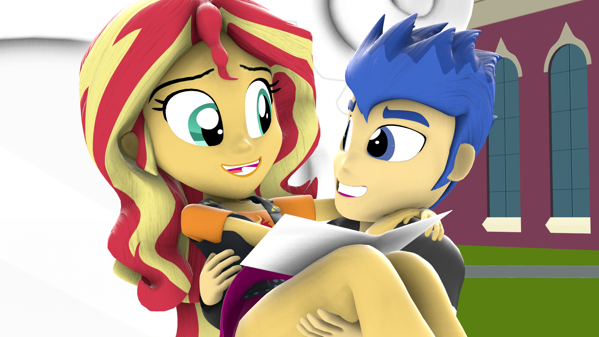 #3495851 - safe, artist:ontheedgeht, flash sentry, sunset shimmer, equestria girls, g4, 3d ...