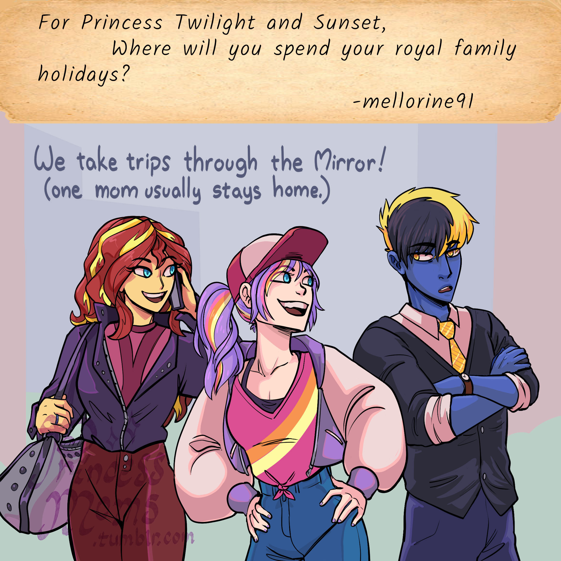 #3498950 - safe, artist:overlordneon, sunset shimmer, oc, oc:dusk eclipse, oc:nova dawn, human ...