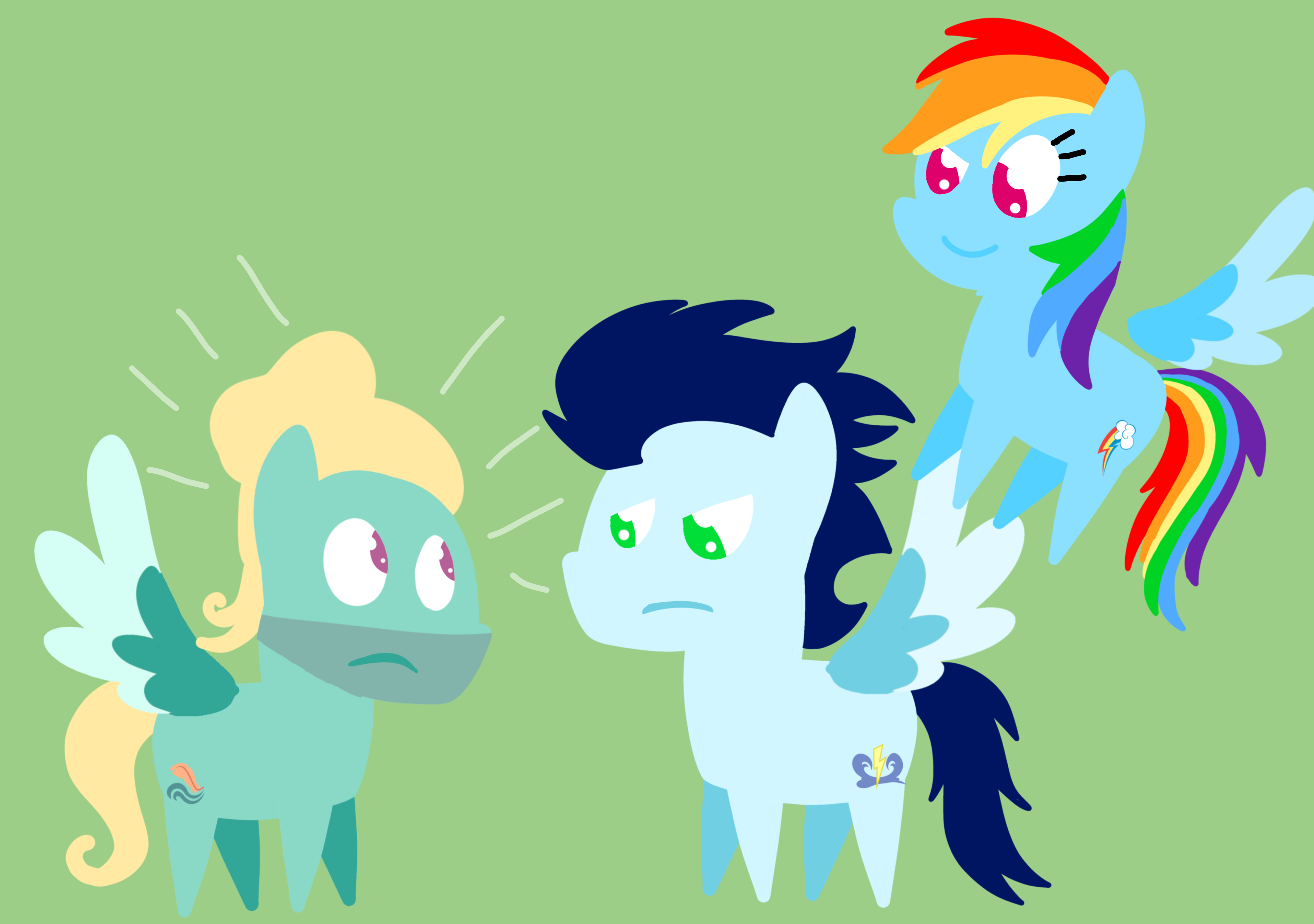 #3506884 - safe, anonymous artist, derpibooru exclusive, rainbow dash, soarin', zephyr breeze ...