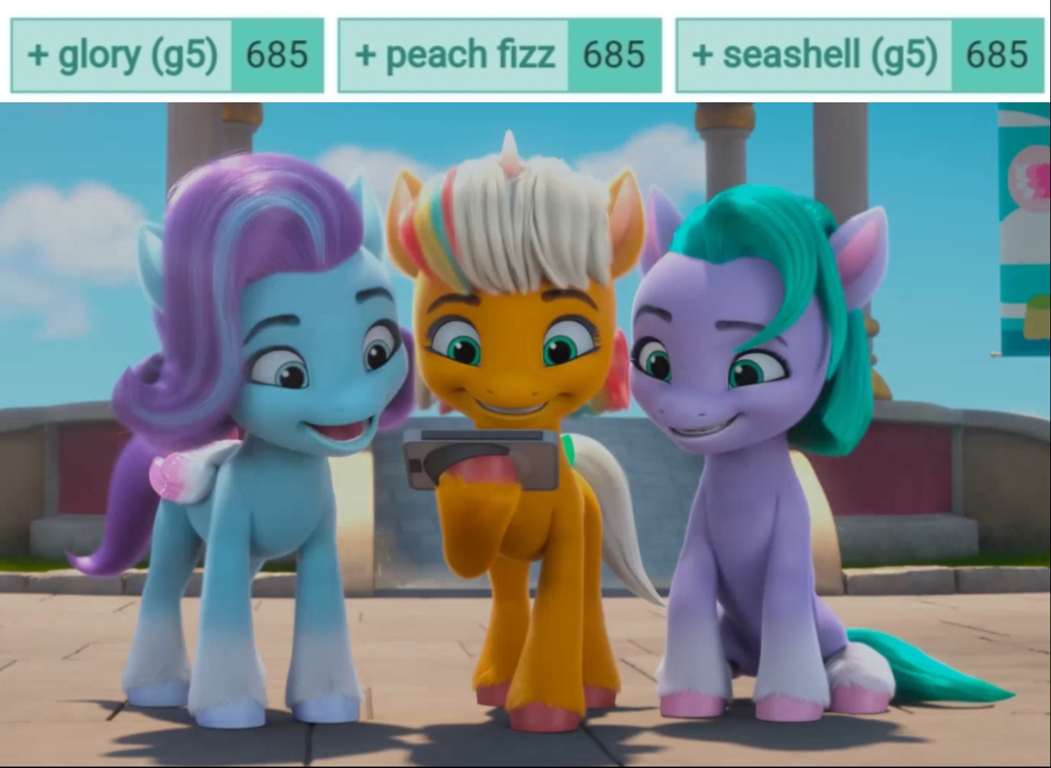 #3516890 - safe, edit, edited screencap, screencap, glory (g5), peach fizz, seashell (g5), earth ...