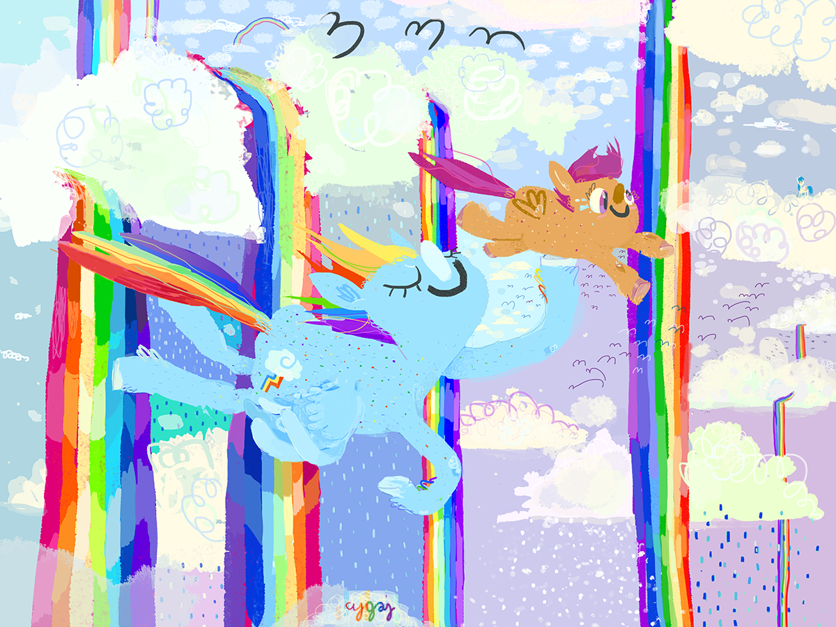 #3299936 - safe, artist:cutebrows, rainbow dash, scootaloo, pony, g4, cloud, holding a pony ...