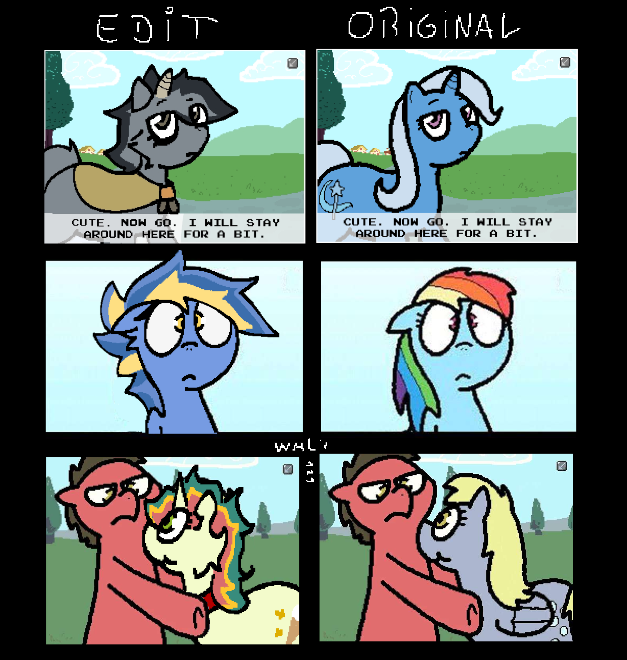 #3323070 - safe, artist:pokehidden, artist:walt121, edit, derpy hooves, rainbow dash, trixie, oc ...