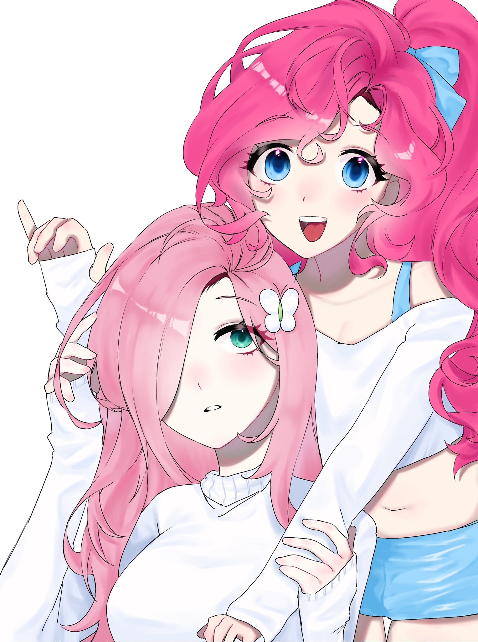 #3344162 - safe, artist:mlpcik, fluttershy, pinkie pie, human, g4, belly button, duo, female ...