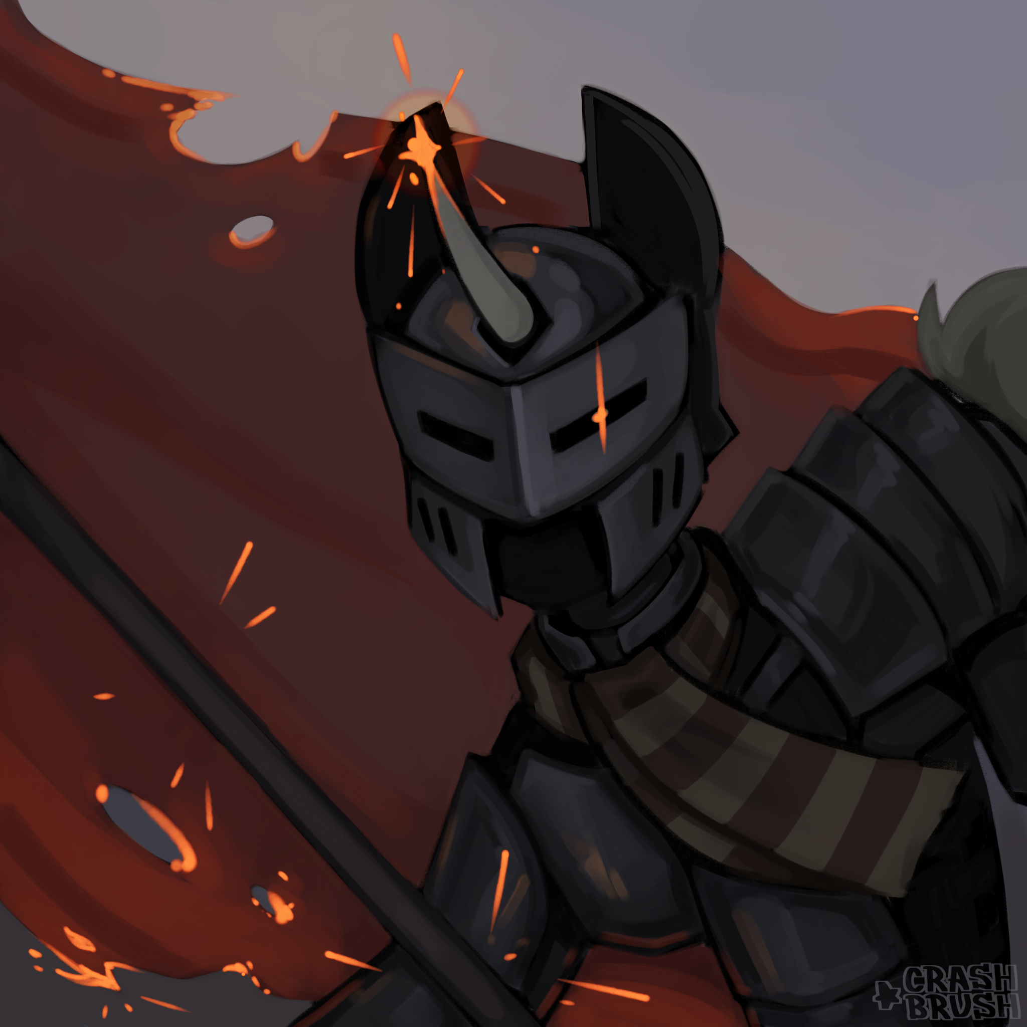 #3356170 - safe, artist:crashbrush, oc, oc only, oc:judel, pony, unicorn, armor, banner, burning ...