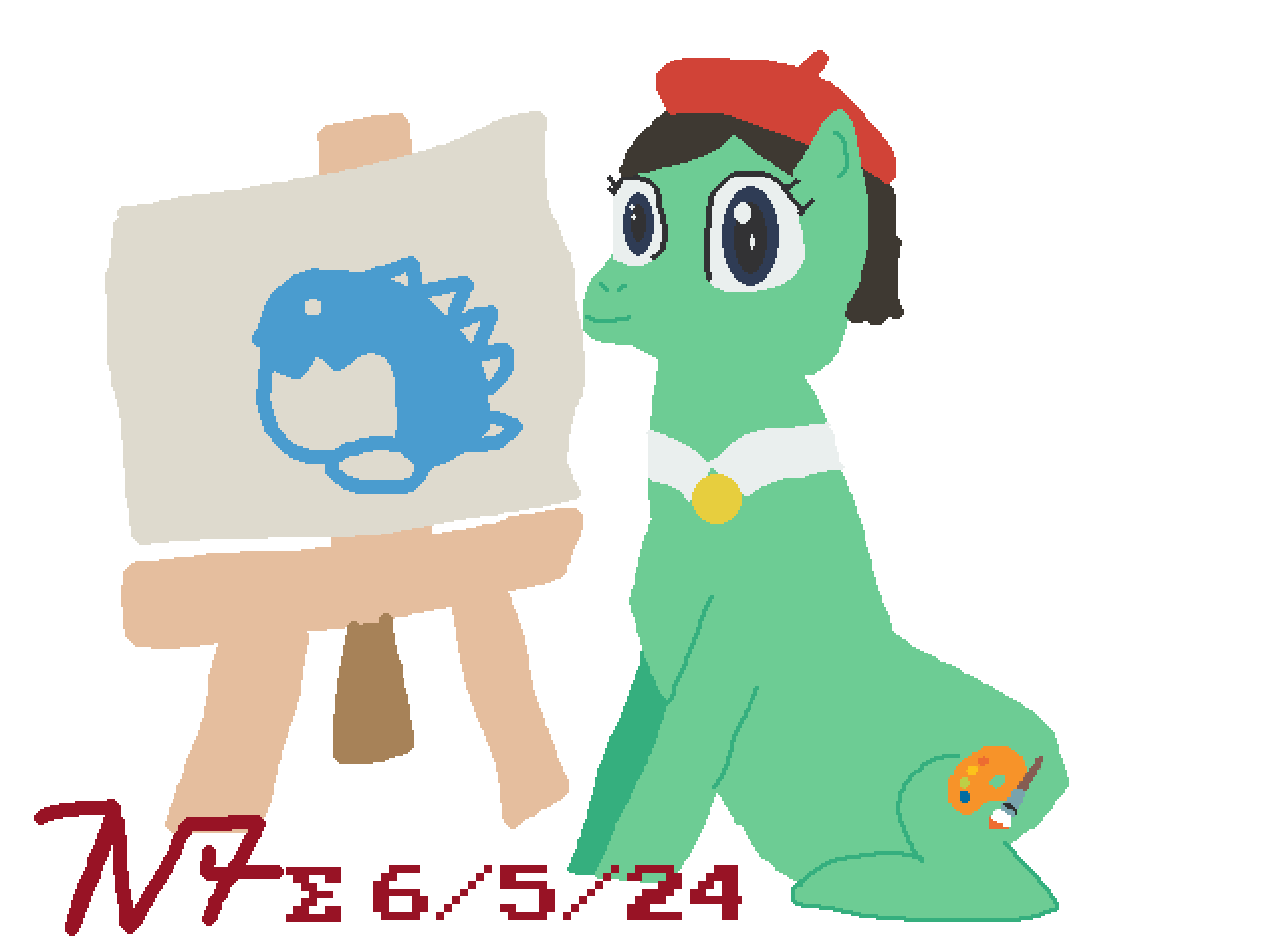#3377775 - safe, oc, oc only, earth pony, pony, adeleine, aseprite, beret, digital art, easel ...