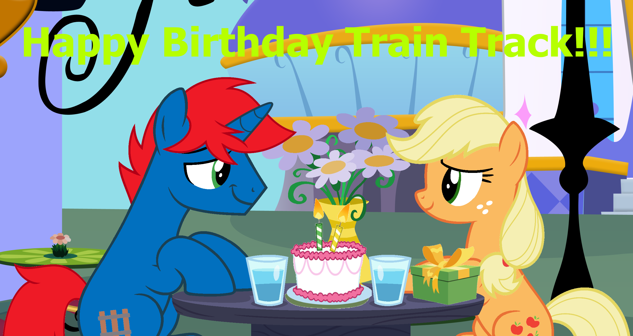 #3394775 - safe, artist:star-armour95, applejack, oc, oc:train track ...