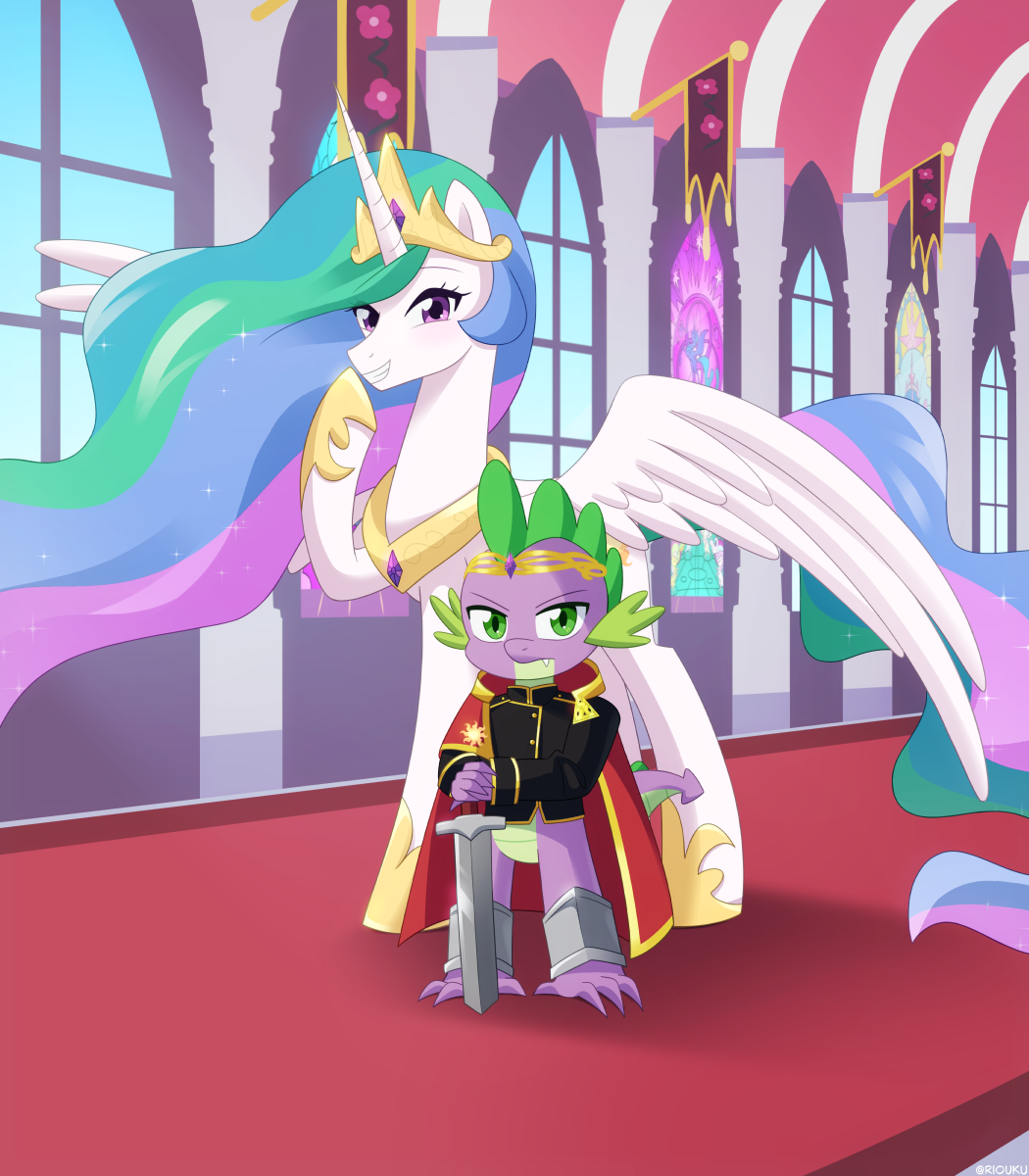 #3409568 - safe, artist:riouku, princess celestia, spike, alicorn, dragon, pony, g4, canterlot ...