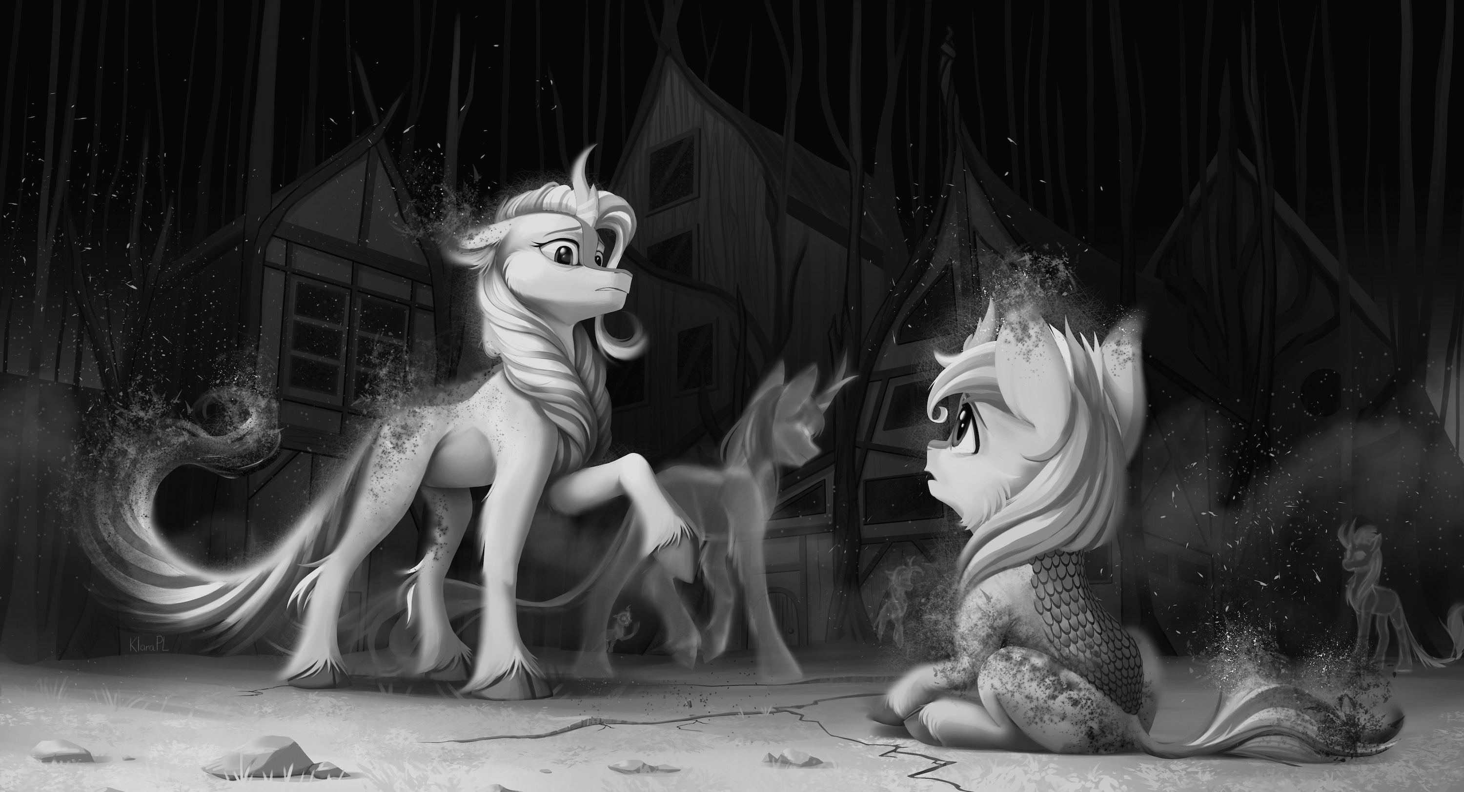 #3396217 - safe, artist:klarapl, oc, oc only, oc:lotus cinder, oc:poppy, ghost, kirin, undead ...