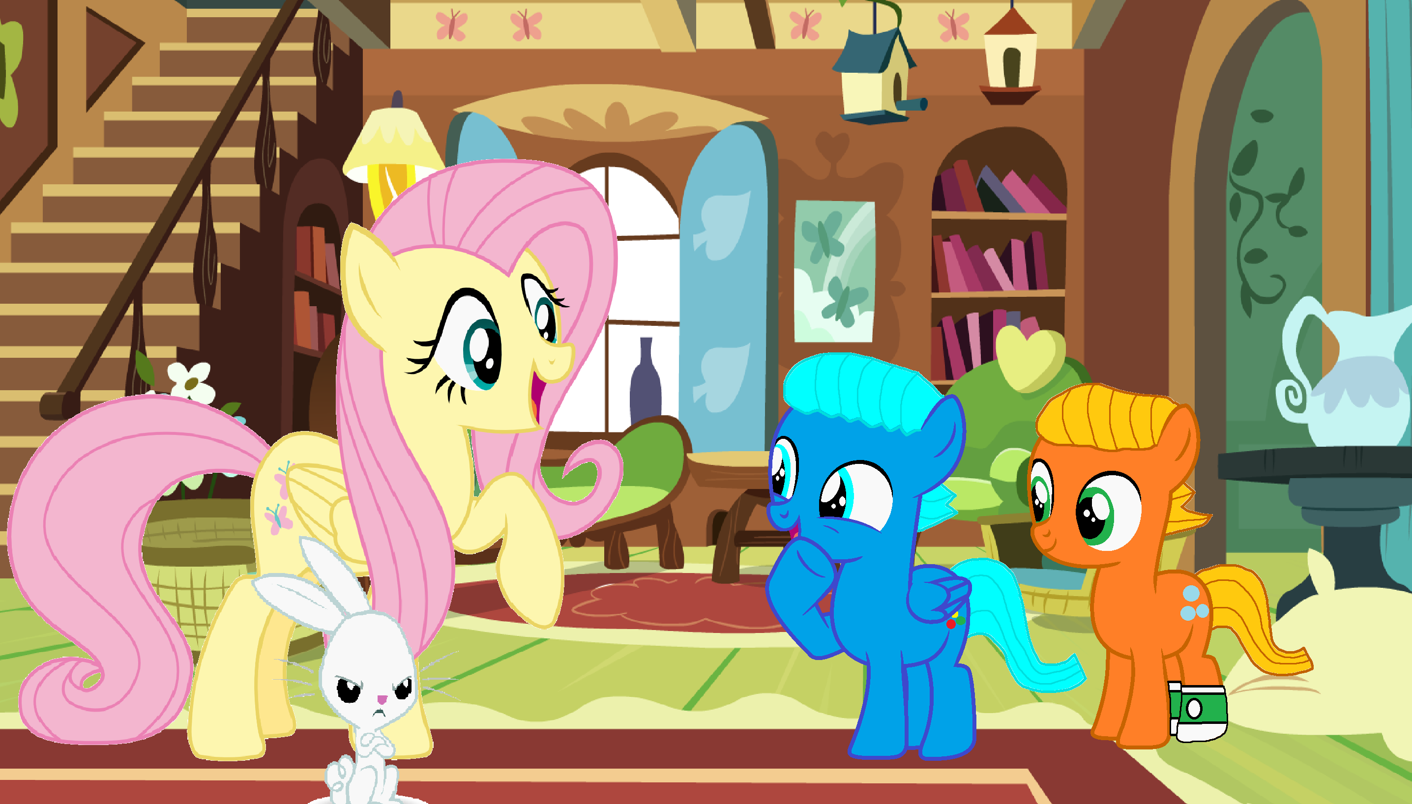 #3397658 - safe, artist:memeartboi, angel bunny, fluttershy, earth pony ...