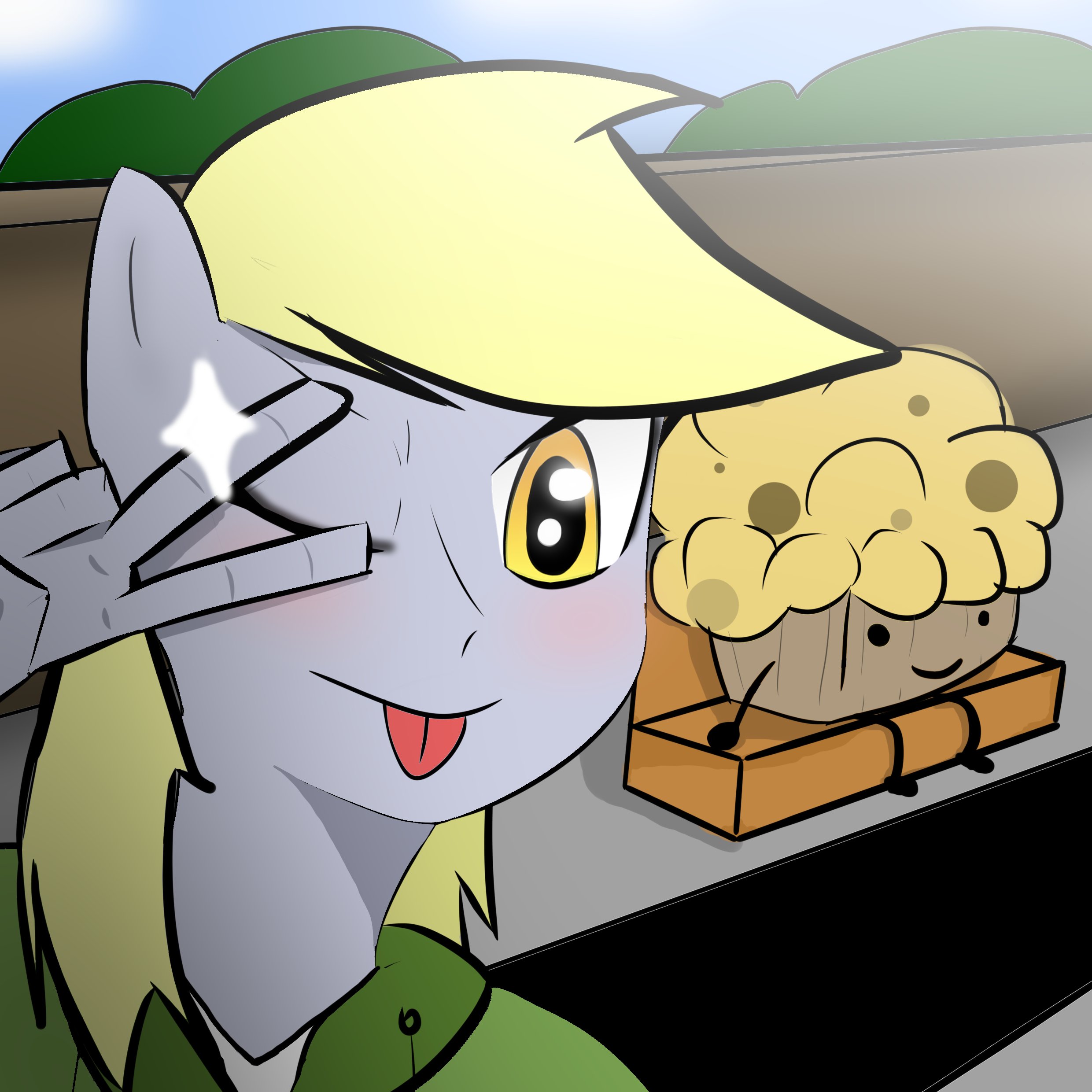 #3413328 - safe, alternate version, artist:orivika_, derpy hooves, anthro, g4, ;p, food, happy ...