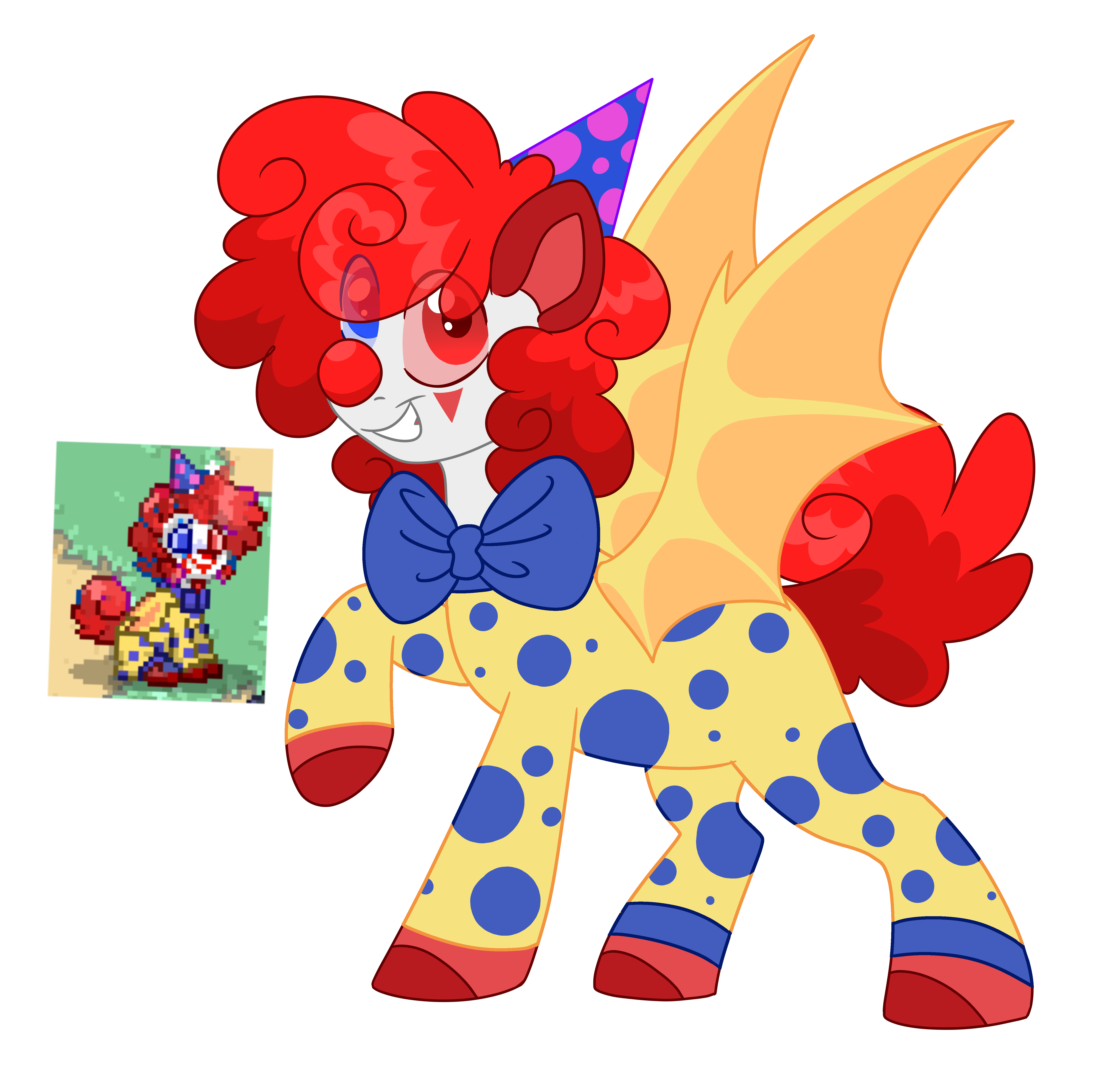 #3441183 - safe, artist:crazysketch101, pony, pony town, bat wings, bowtie, clown, clown nose ...