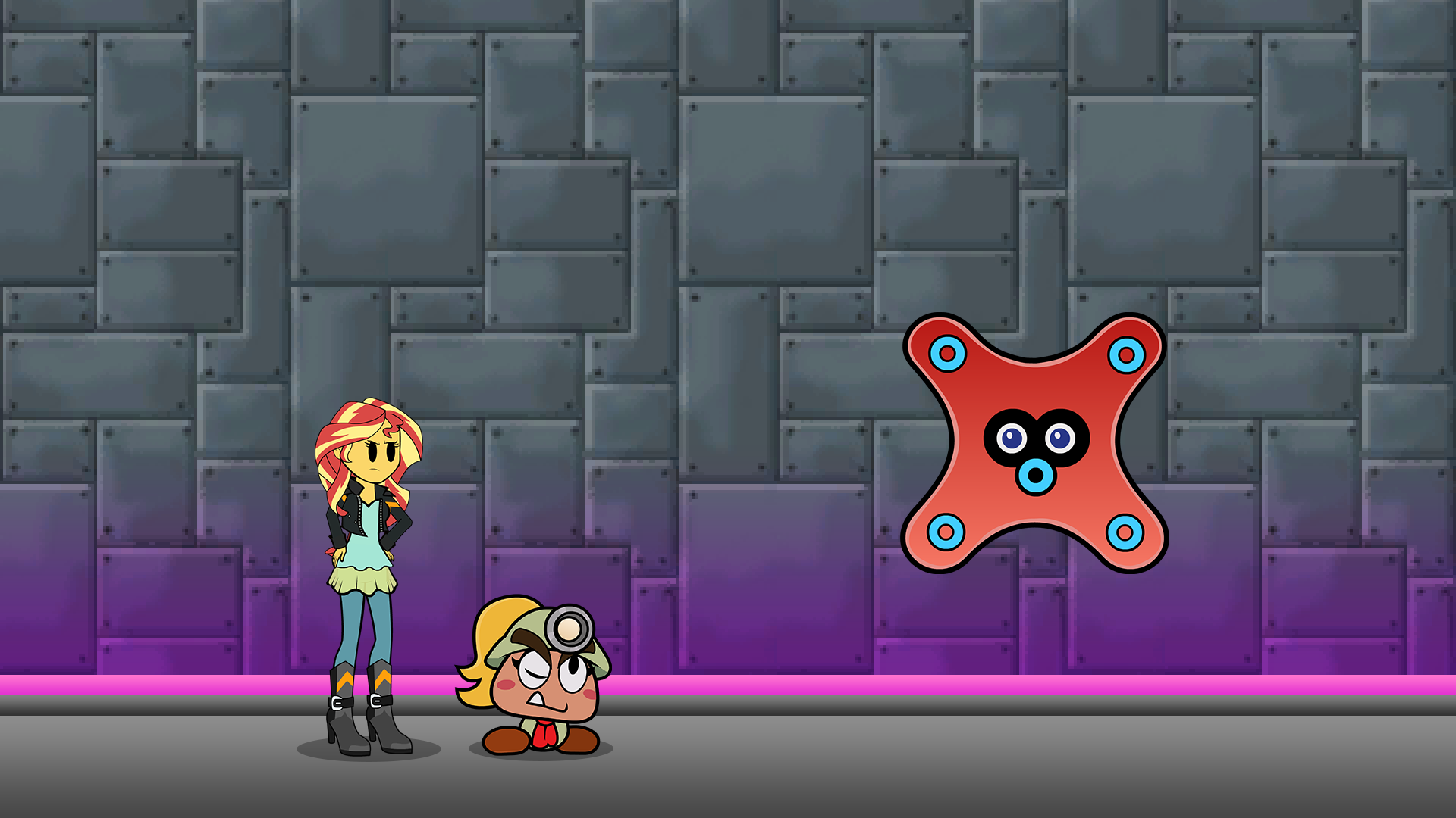 #3441731 - safe, artist:yoshigreenwater, sunset shimmer, goomba, human ...