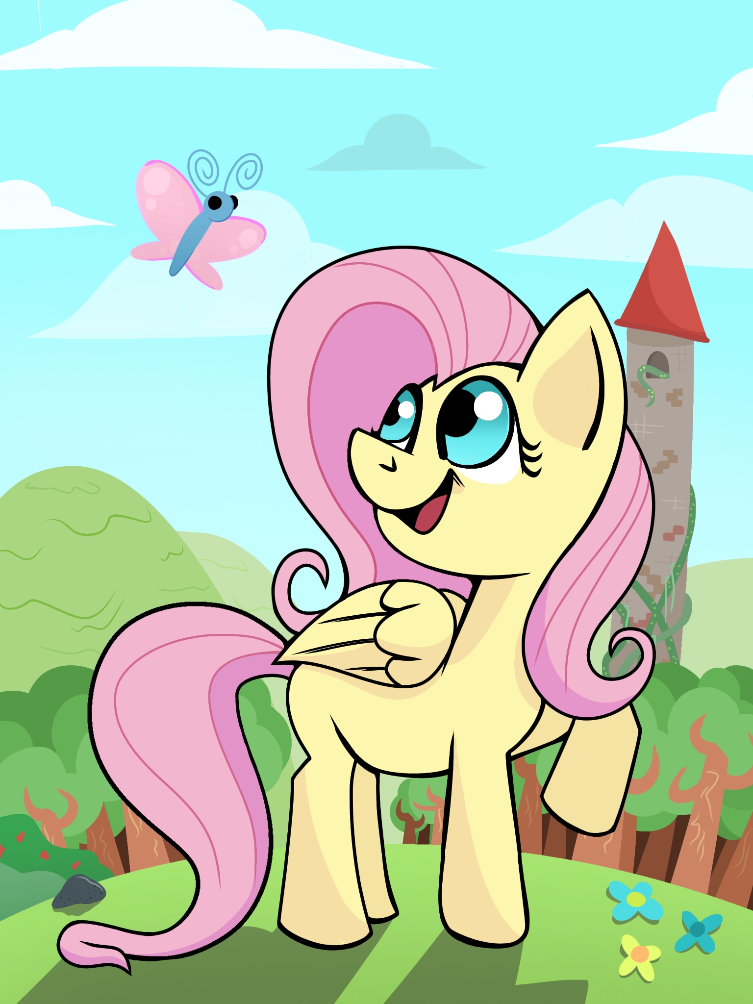 #3525518 - safe, artist:fraciss, fluttershy, butterfly, pegasus, pony ...
