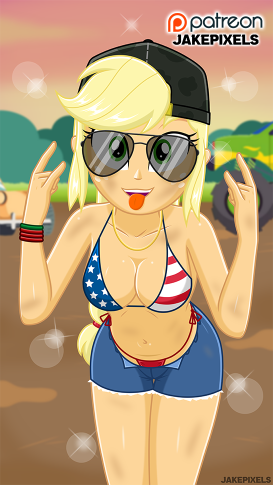 #3530622 - suggestive, artist:jakepixels, applejack, human, pony, equestria girls, g4, american ...