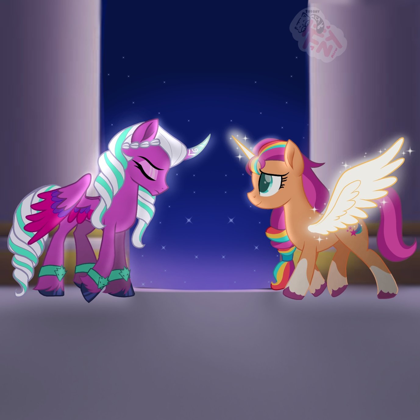 #3533036 - safe, artist:itsbyakko_rosses_x, opaline arcana, sunny starscout, alicorn, earth pony ...