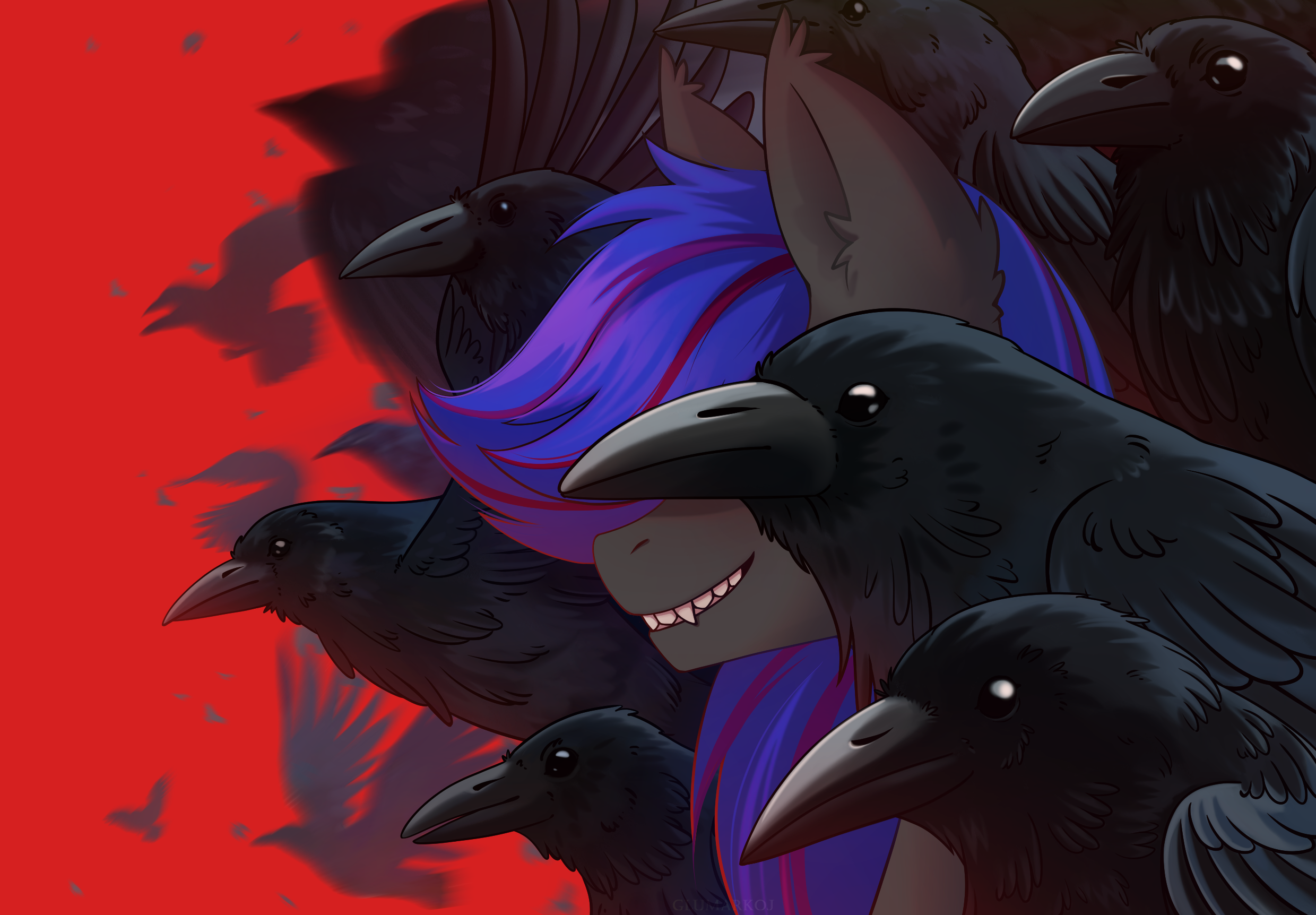 #3535650 - safe, artist:glumarkoj, oc, oc only, bat pony, bird, crow ...