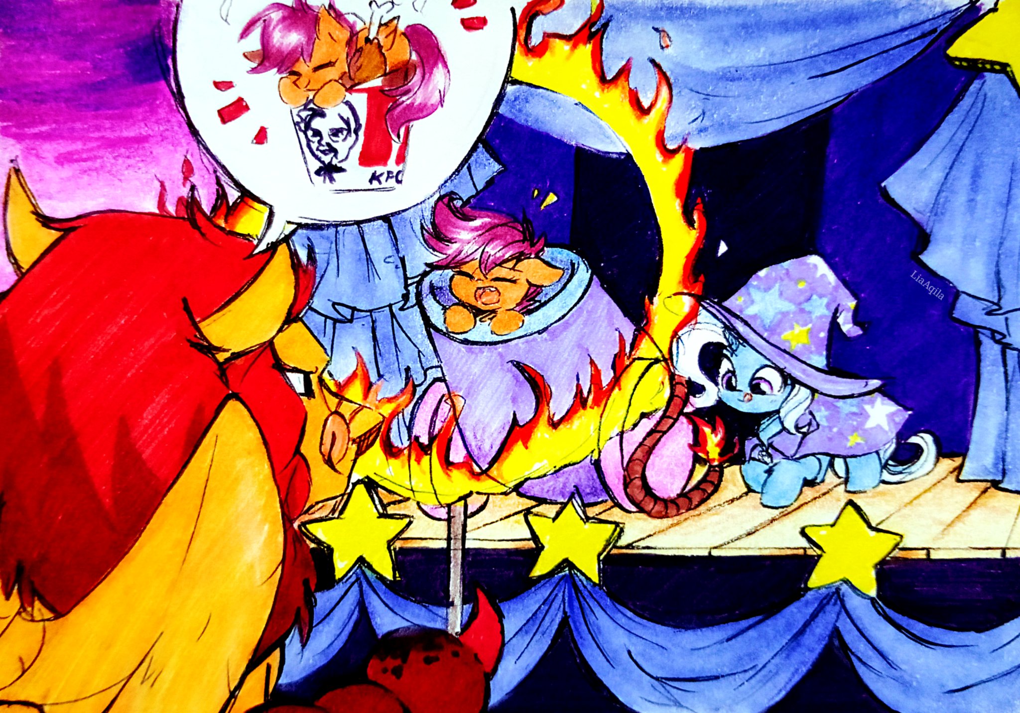 #3523438 - safe, artist:liaaqila, scootaloo, trixie, bird, chicken, manticore, pegasus, pony ...