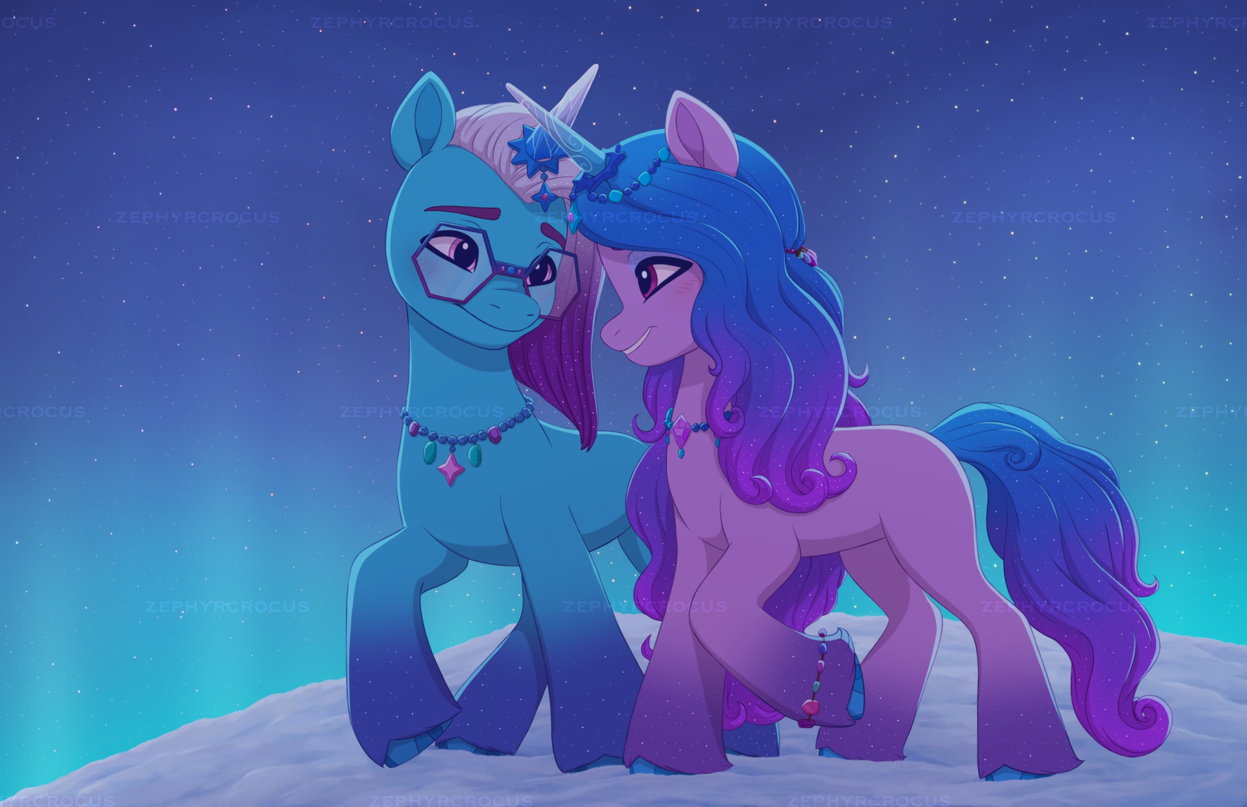 #3710989 - safe, artist:zephyrcrocus, comet (g5), izzy moonbow, auroricorn, pony, unicorn, g5 ...