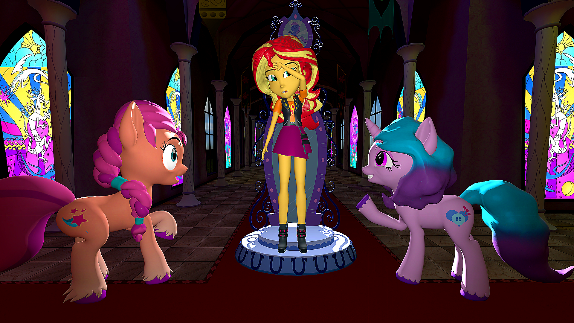 #3712702 - safe, artist:fullmoonrose7, izzy moonbow, sunny starscout ...