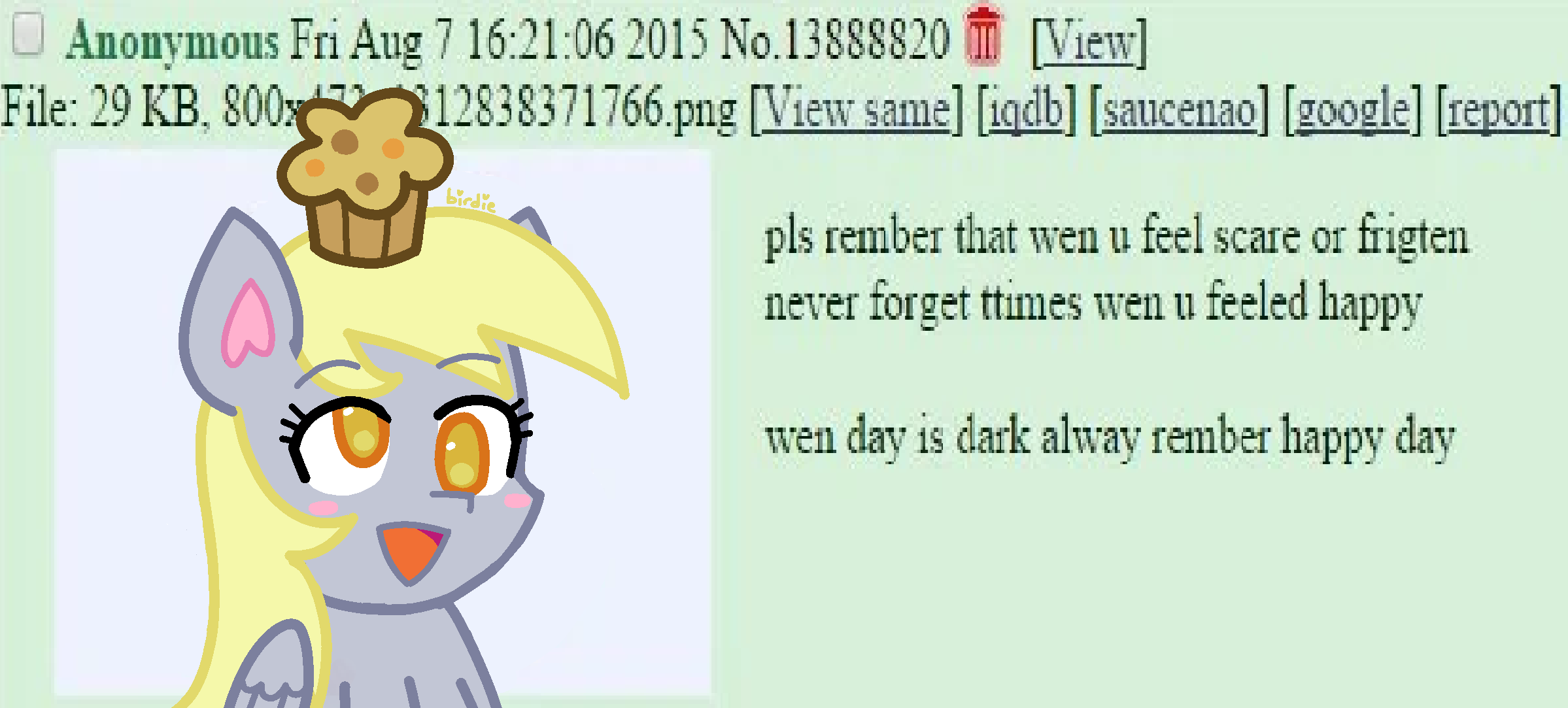 #3545637 - safe, artist:spritecranbirdie, derpy hooves, pegasus, pony, g4, 4chan, :d, english ...