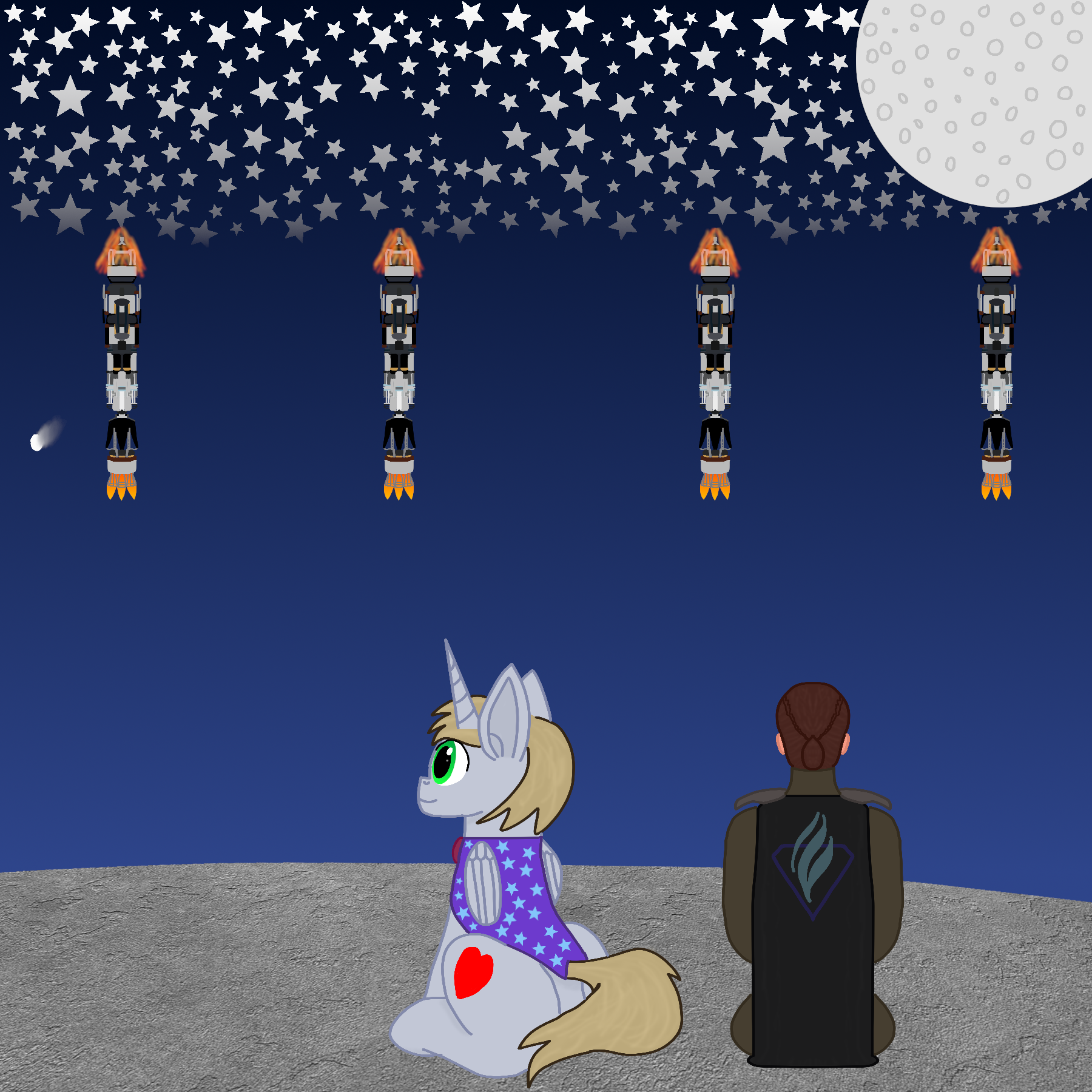 #3549061 - safe, artist:xada, alicorn, human, pony, cape, cliff ...