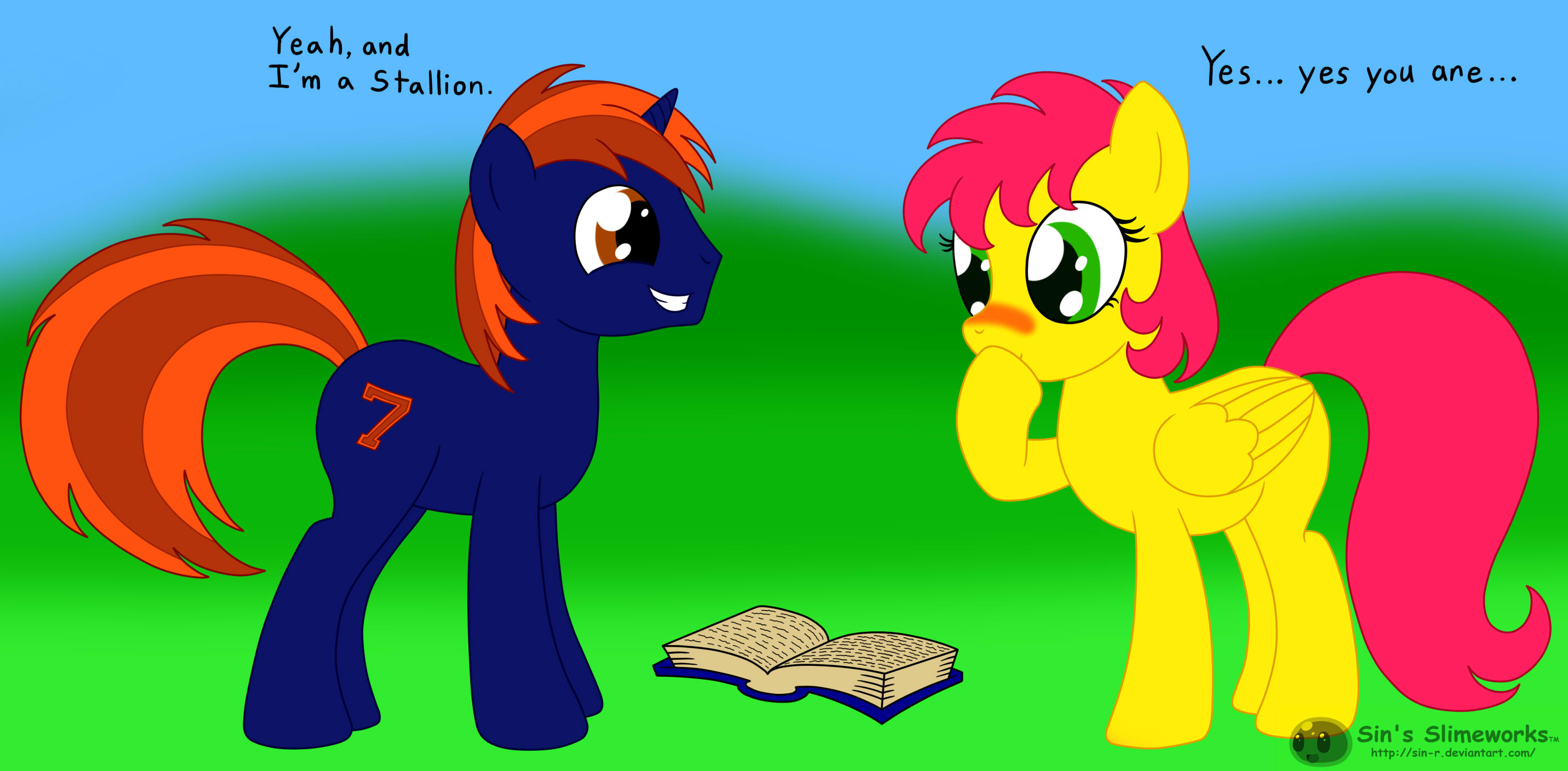 #3556137 - safe, artist:sin-r, oc, oc only, pegasus, pony, unicorn, blushing, book, dialogue ...