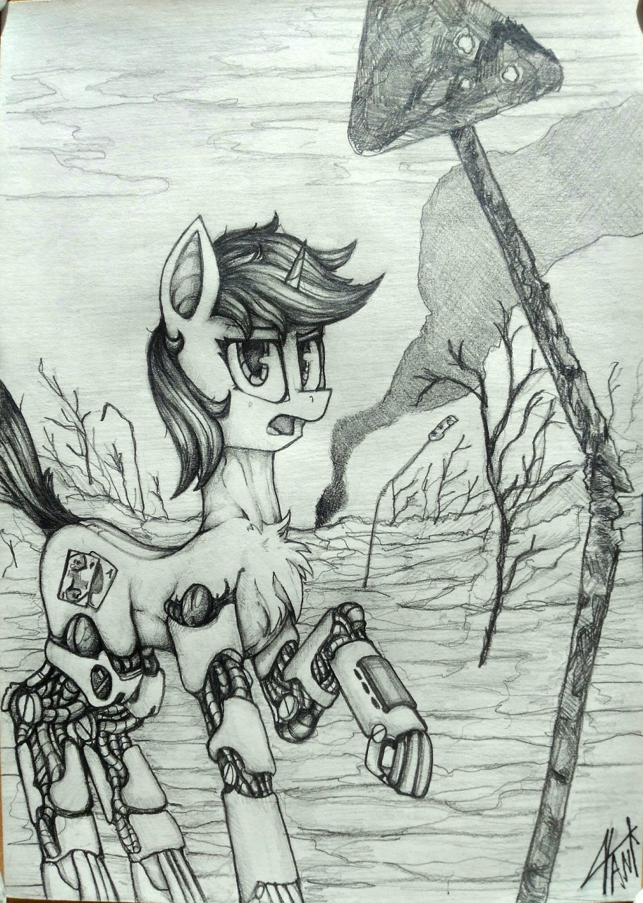 #3568409 - safe, artist:midnightflight, oc, oc only, cyborg, unicorn, fallout equestria, fallout ...