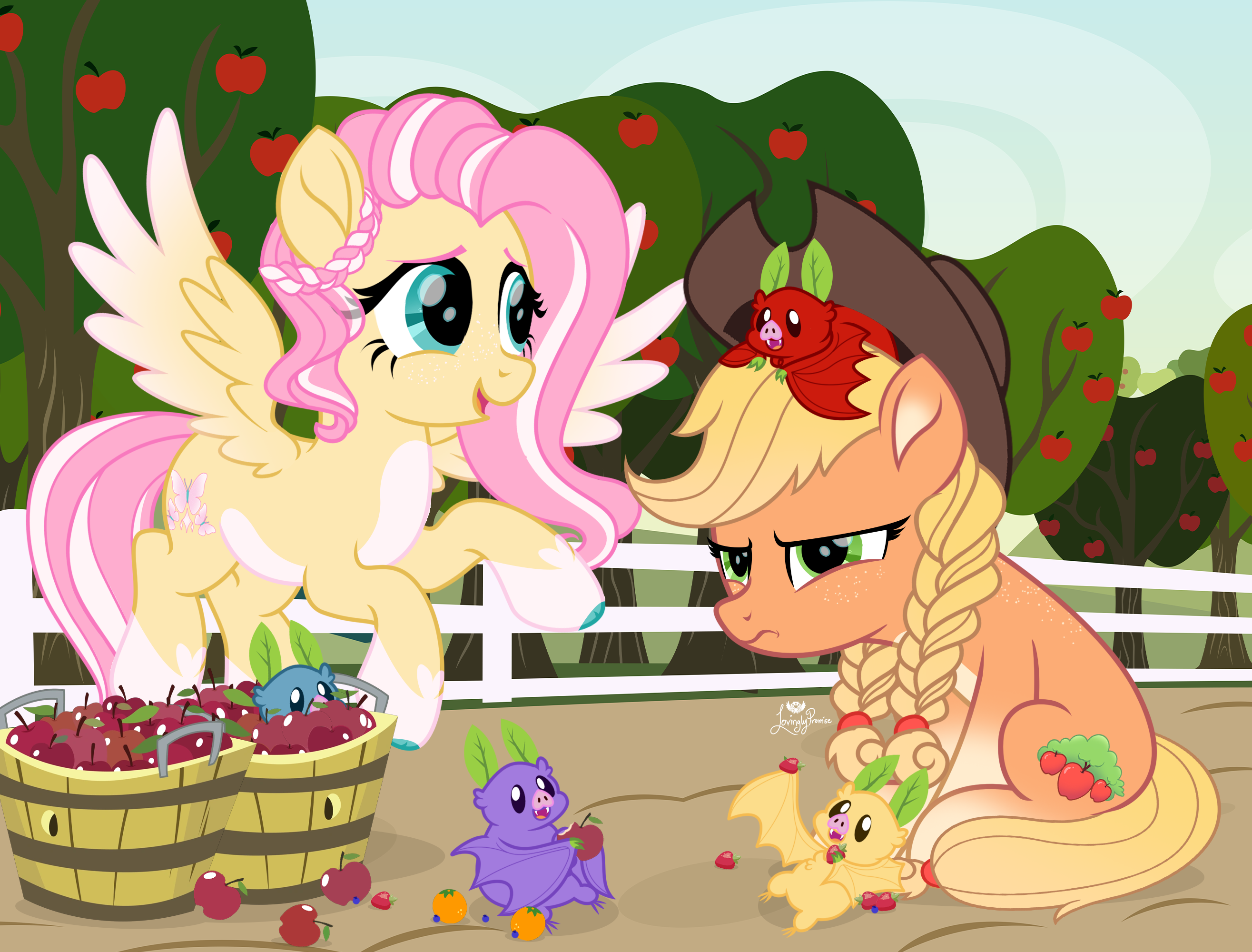 #3558593 - safe, artist:lovinglypromise, applejack, fluttershy, bat ...