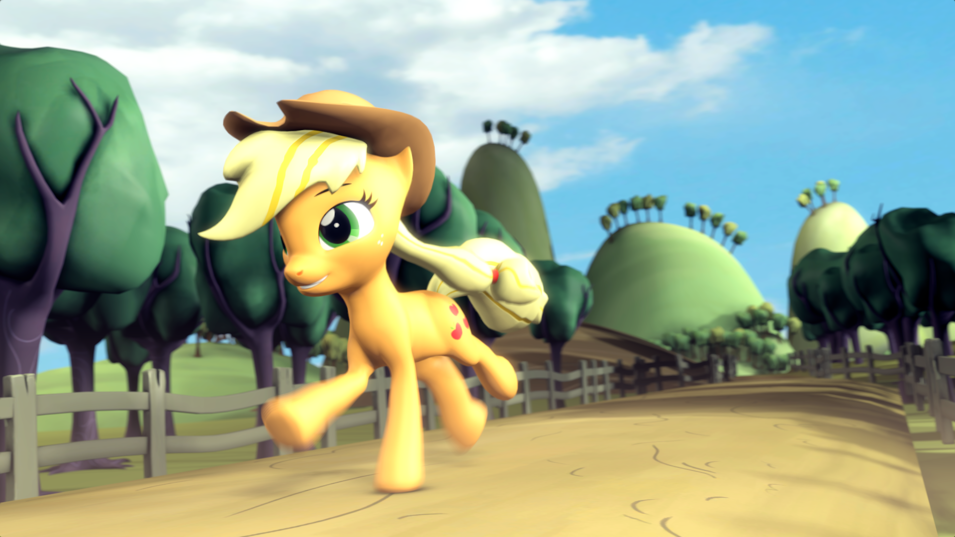 #3571159 - safe, artist:scorp125, applejack, earth pony, g4, 3d, cowboy hat, female, fence, hat ...