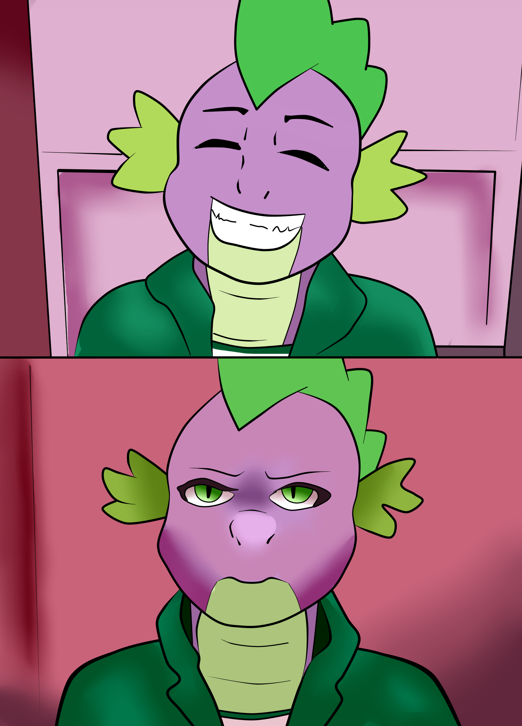 #3572274 - safe, artist:saulazuli, spike, dragon, anthro, g4, 2 panel comic, angry, angry face ...