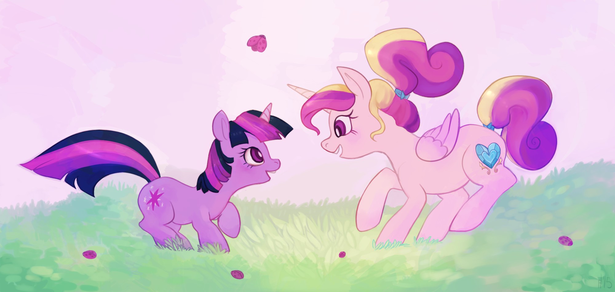 #3574925 - safe, artist:rendoas, princess cadance, twilight sparkle, alicorn, insect, ladybug ...