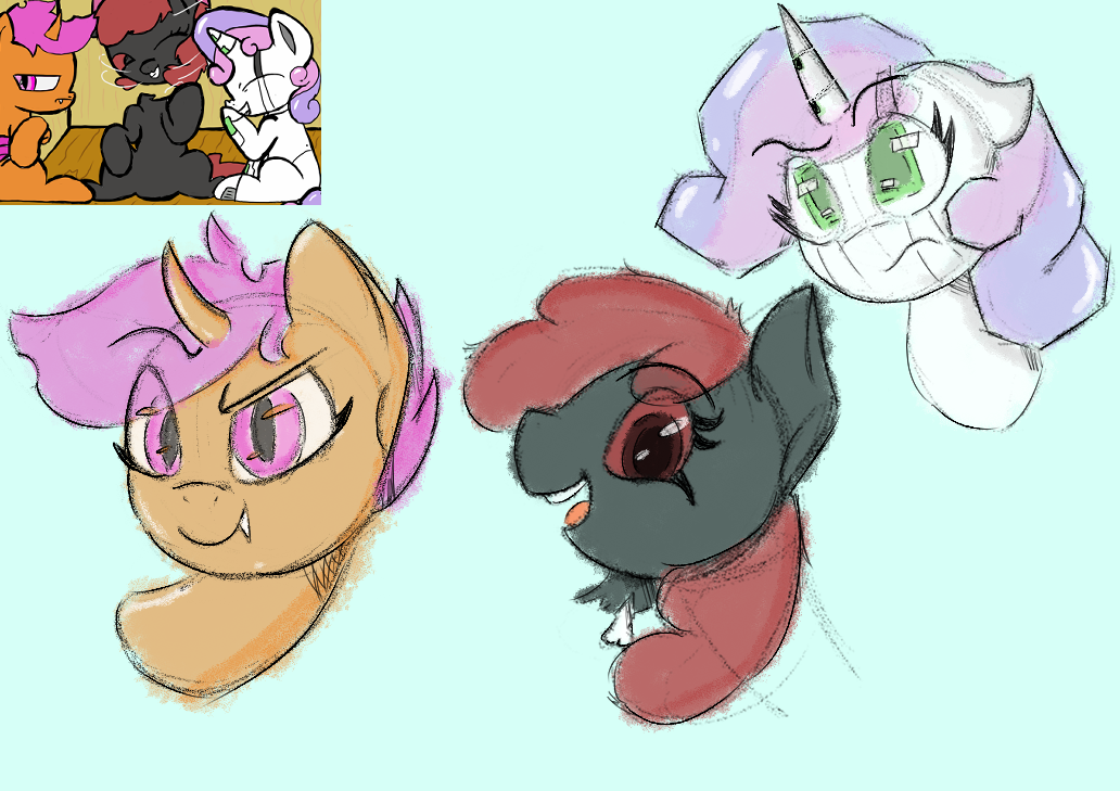 #3575412 - safe, artist:gean, apple bloom, scootaloo, sweetie belle, changeling, pony, robot ...