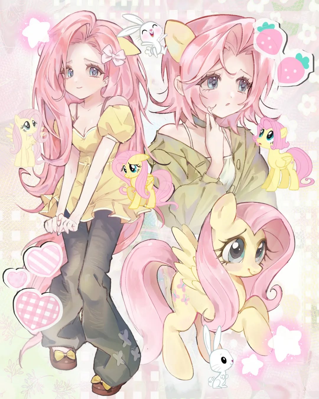 #3575656 - safe, artist:pooniiko, angel bunny, fluttershy, human, pony ...